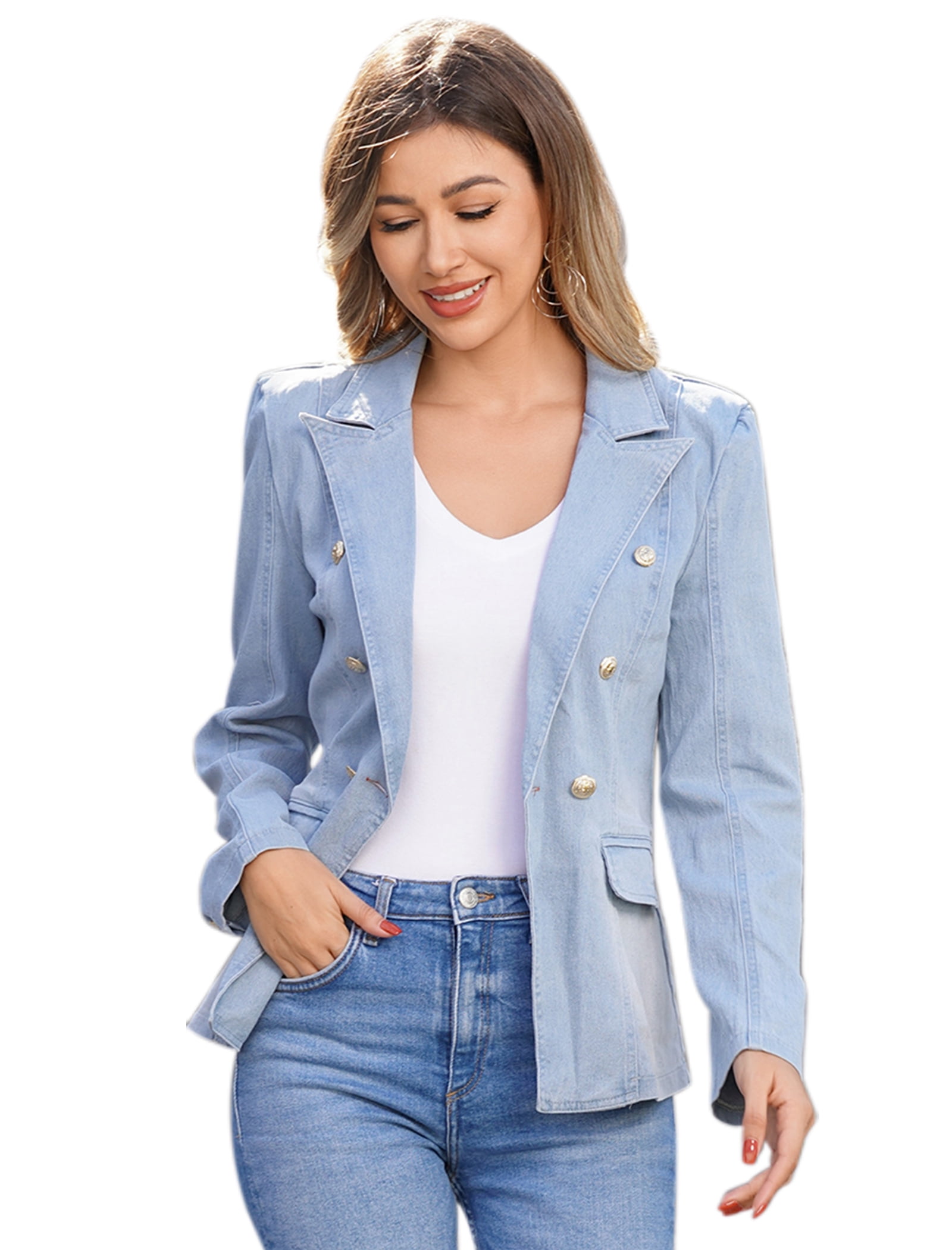 IBTOM CASTLE Denim Blazer Jacket for Women Long Sleeve Button Down ...