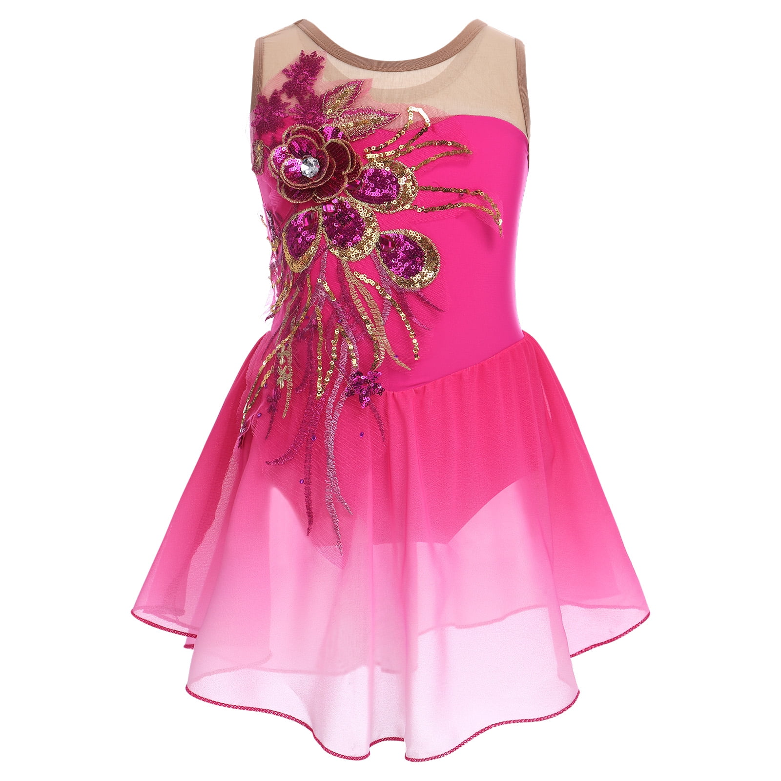 IBTOM CASTLE Girls Ice Figure Skating Dress Sparkly Sequins Sheer Mesh ...
