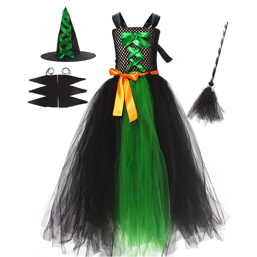 IBTOM CASTLE Girls Witch Halloween Costume Witch Dress up with Broom ...