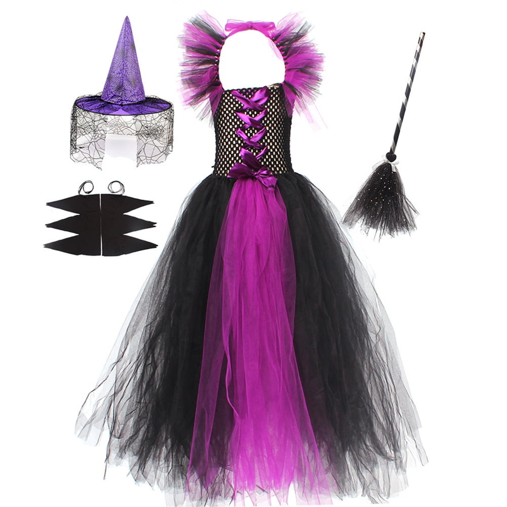 IBTOM CASTLE Girls Witch Halloween Costume Witch Dress up with Broom ...
