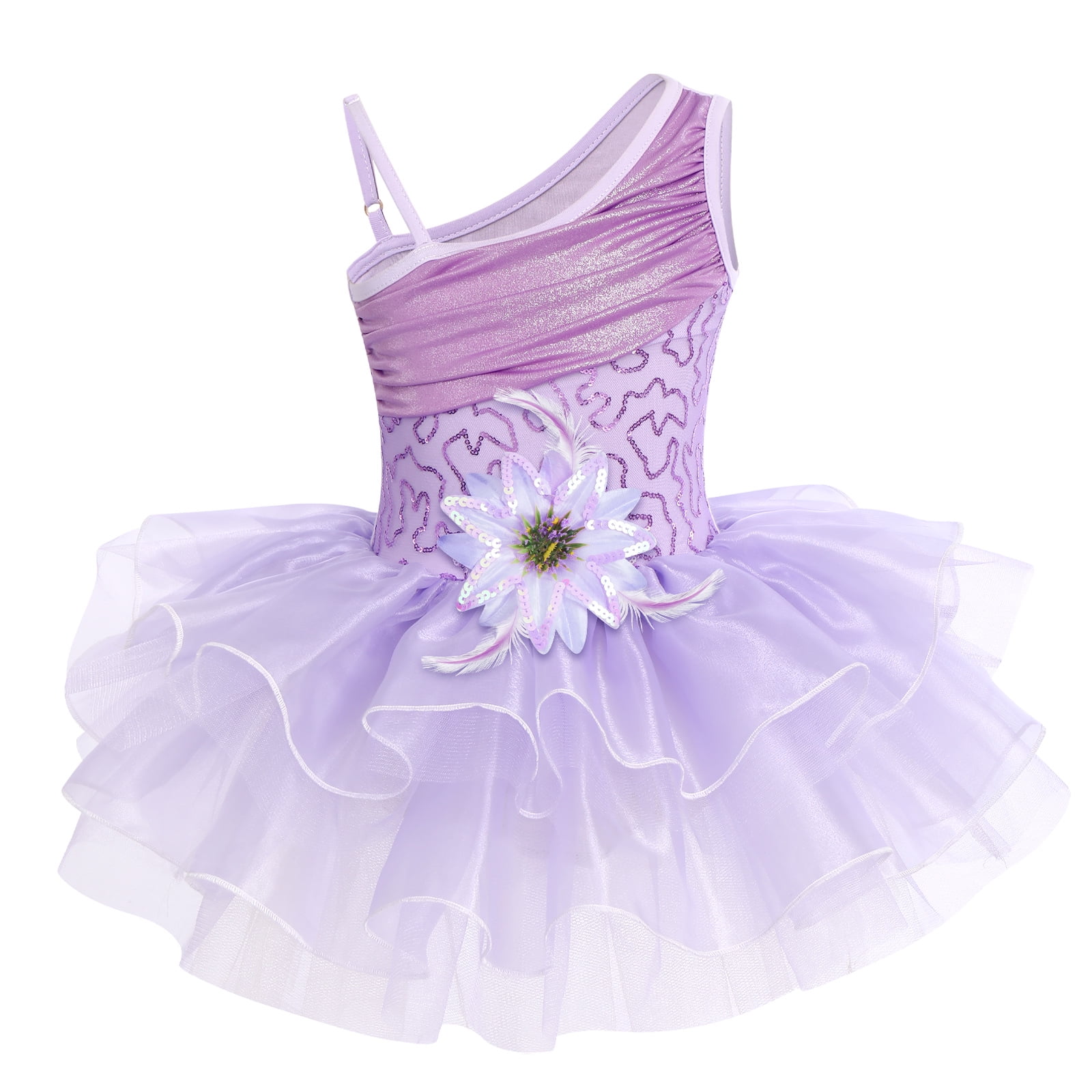 IBTOM CASTLE Kid Girls Sequins Flower One Shoulder Ballet Dance Dress ...