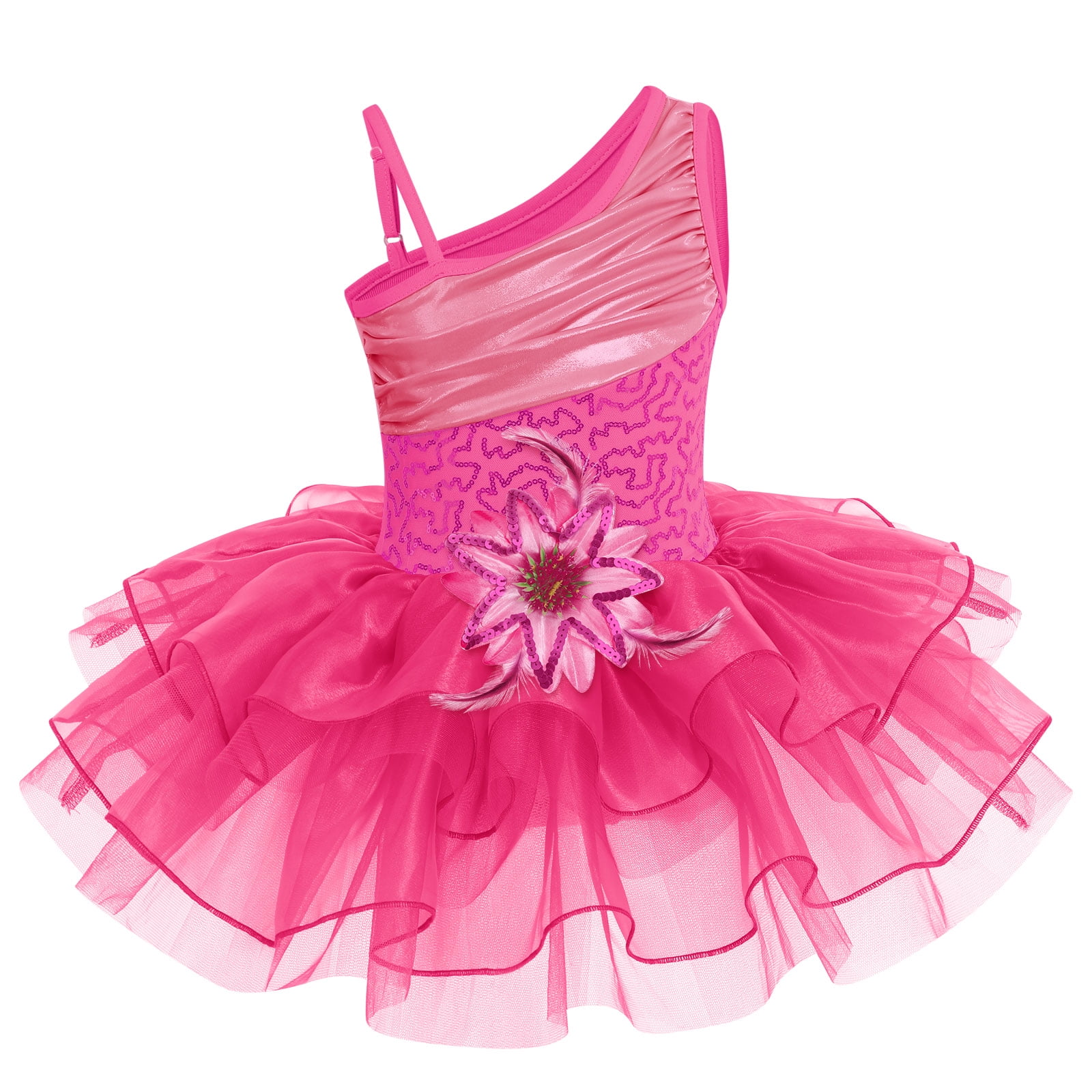 IBTOM CASTLE Kid Girls Sequins Flower One Shoulder Ballet Dance Dress ...