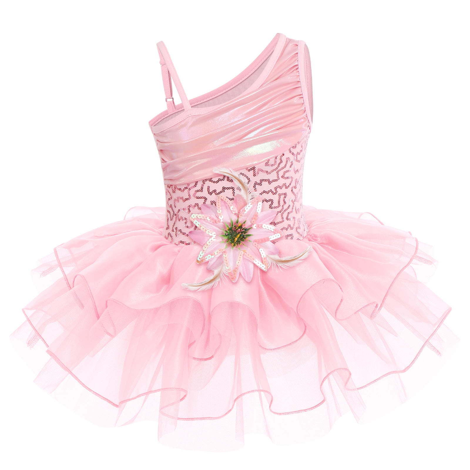 IBTOM CASTLE Kid Girls Sequins Flower One Shoulder Ballet Dance Dress ...