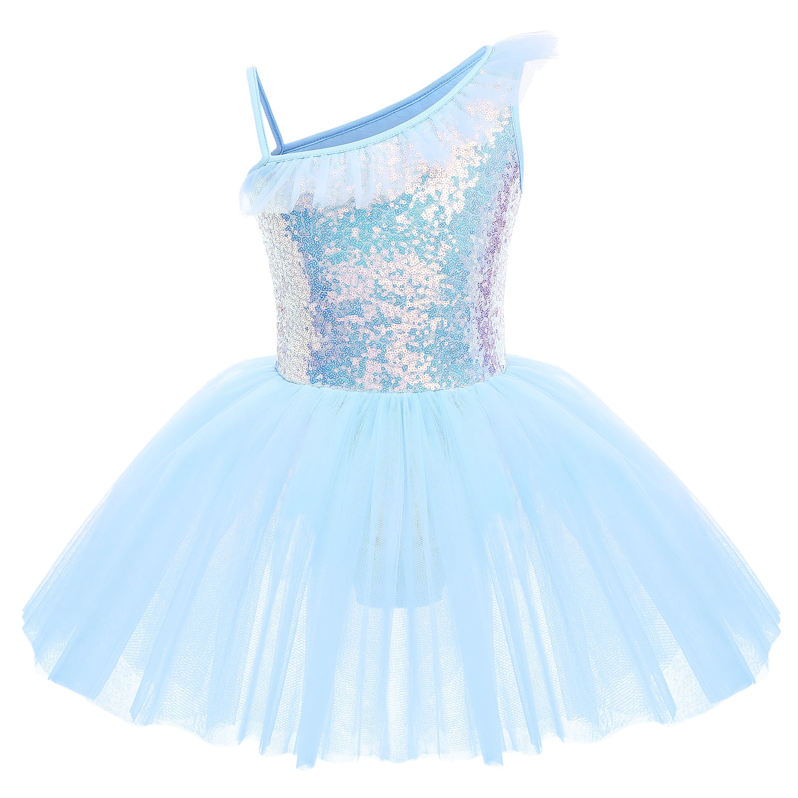IBTOM CASTLE Kid Girls Sequins Ruffle One Shoulder Ballet Dance Dress ...