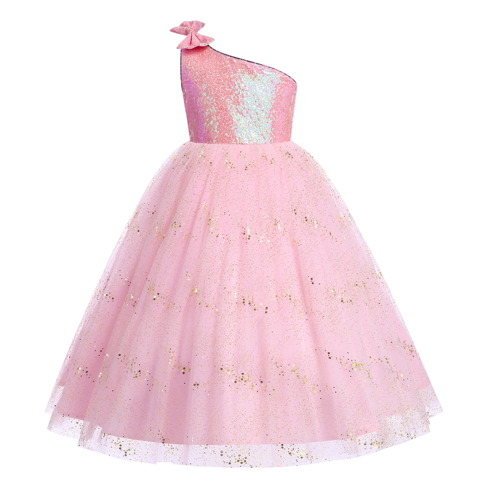 IBTOM CASTLE Kids Girls Bowknot Sequin Tulle Party Dress One-Shoulder ...