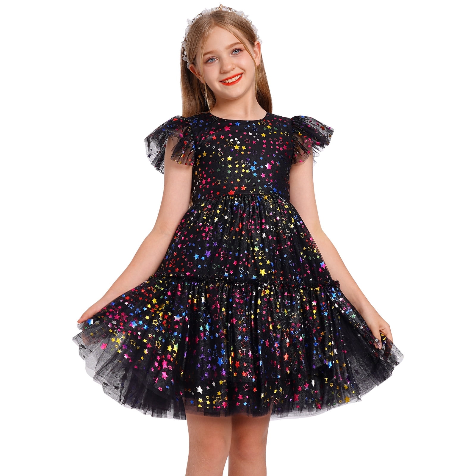 IBTOM CASTLE Kids Girls Princess Tulle Tutu Dress Flutter Sleeve Star ...