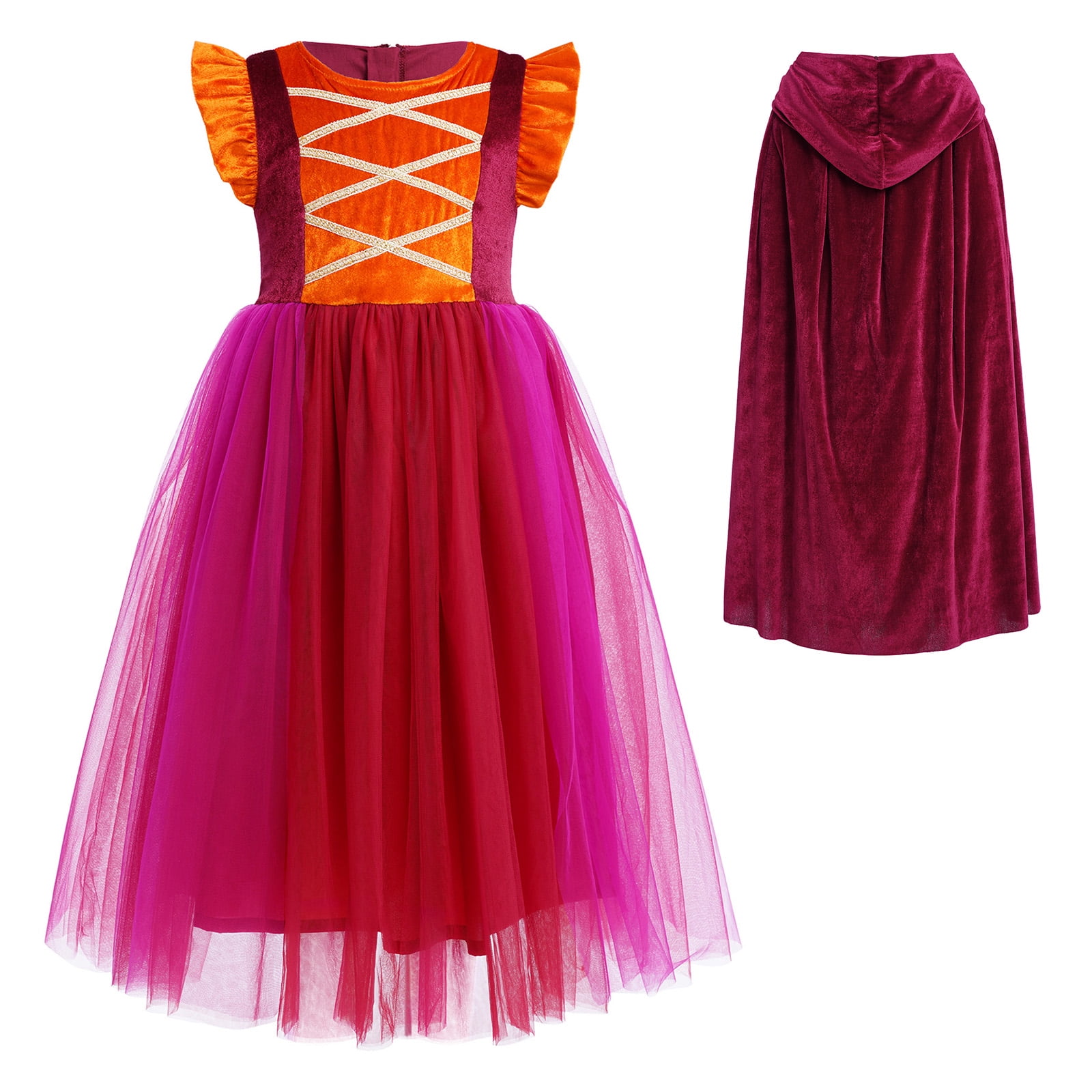 IBTOM CASTLE Kids Girls Witch Costume Tulle Dress Velvet Hooded Cloak ...