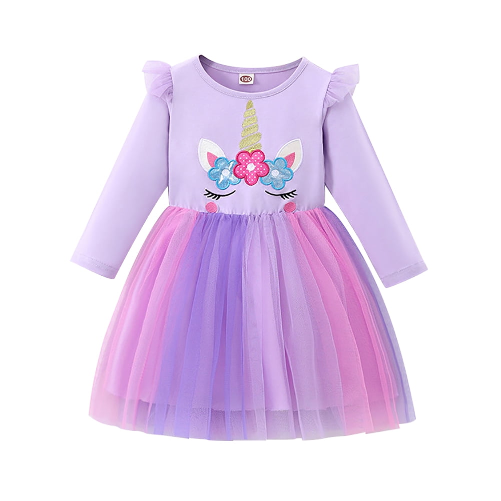 IBTOM CASTLE Kids Toddler Girls Long Sleeve Fall Dress Rainbow Unicorns ...