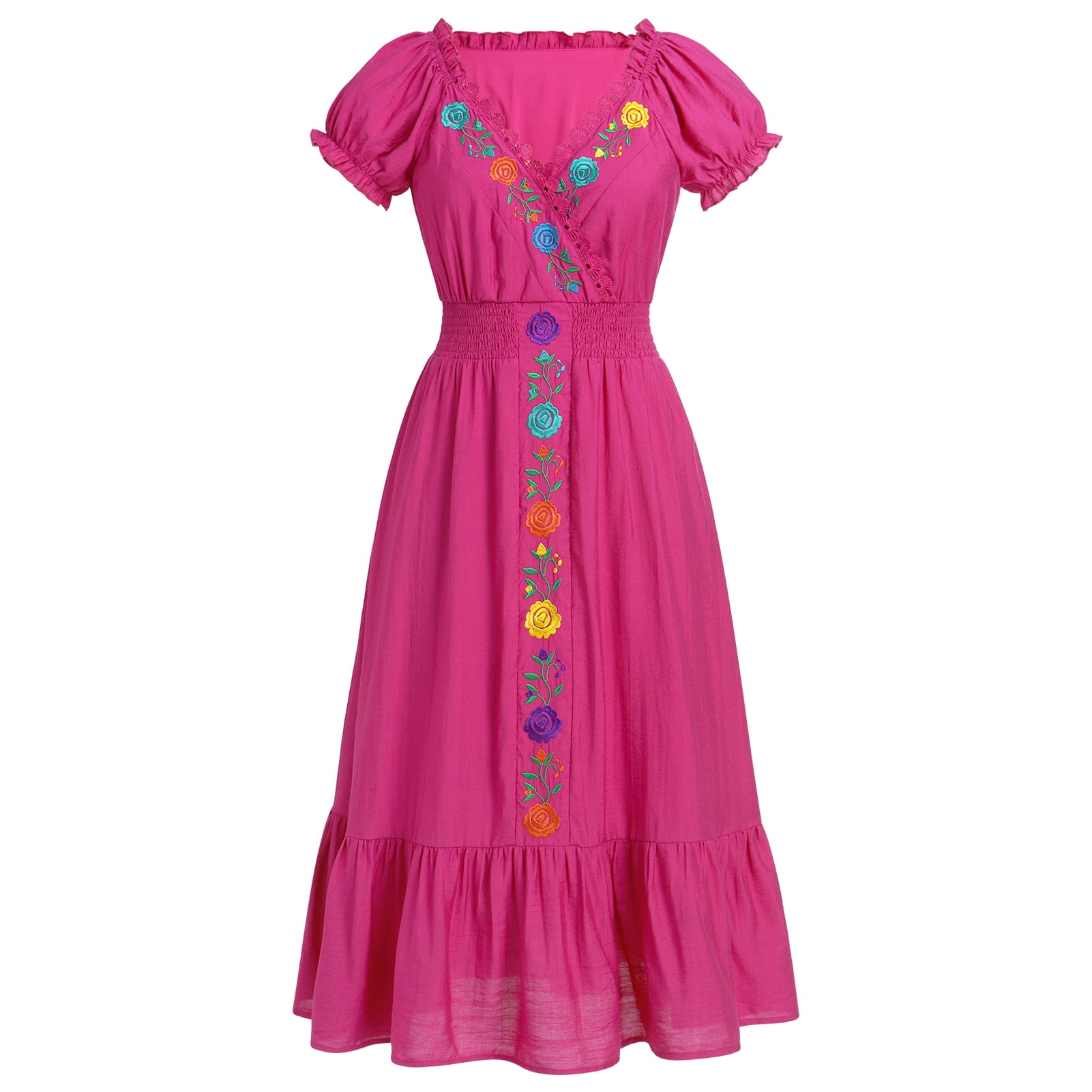 IBTOM CASTLE Women Mexican Fiesta Dress Summer Floral Embroidered ...