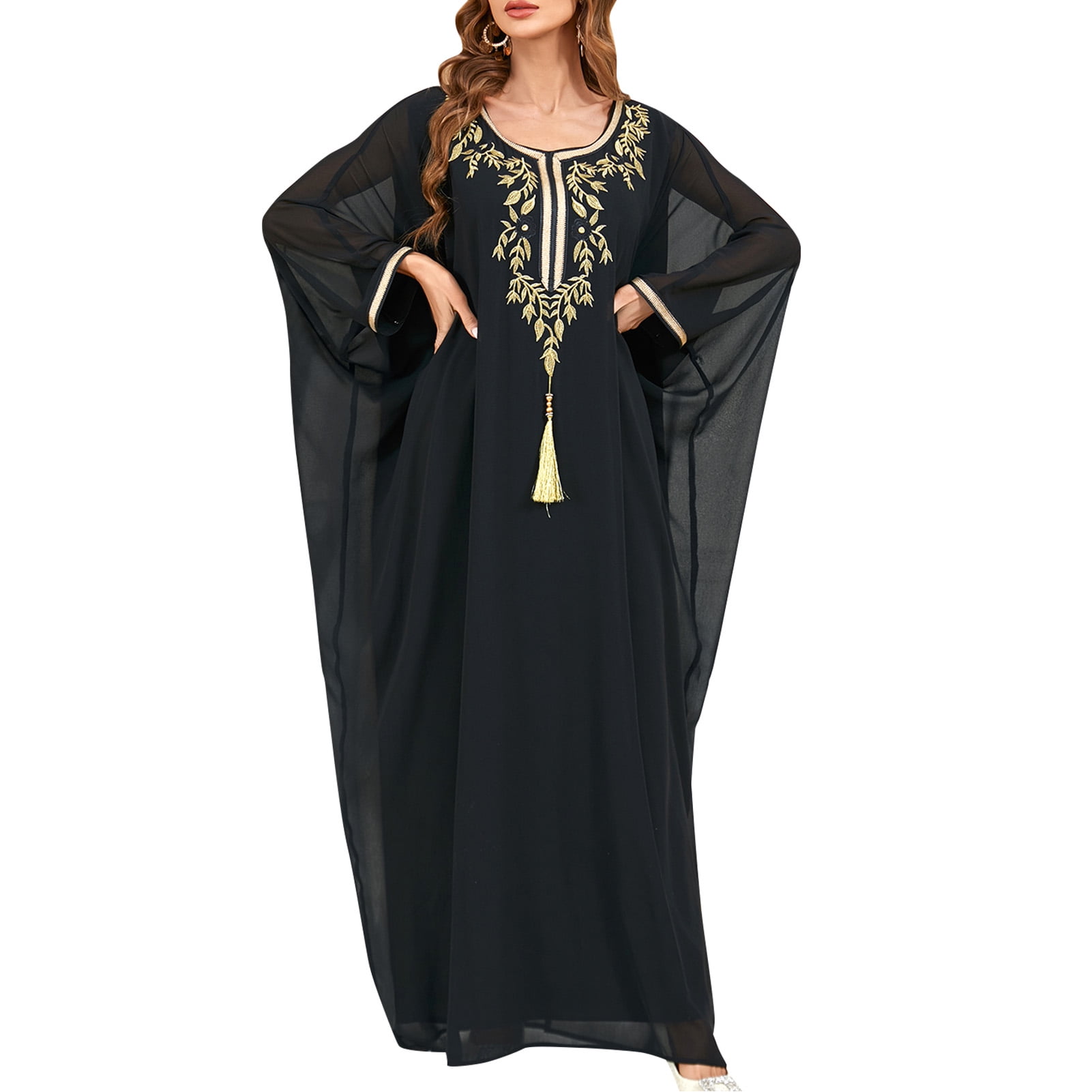 IBTOM CASTLE Women Muslim Dress Batwing Sleeve Embroidered Abaya ...