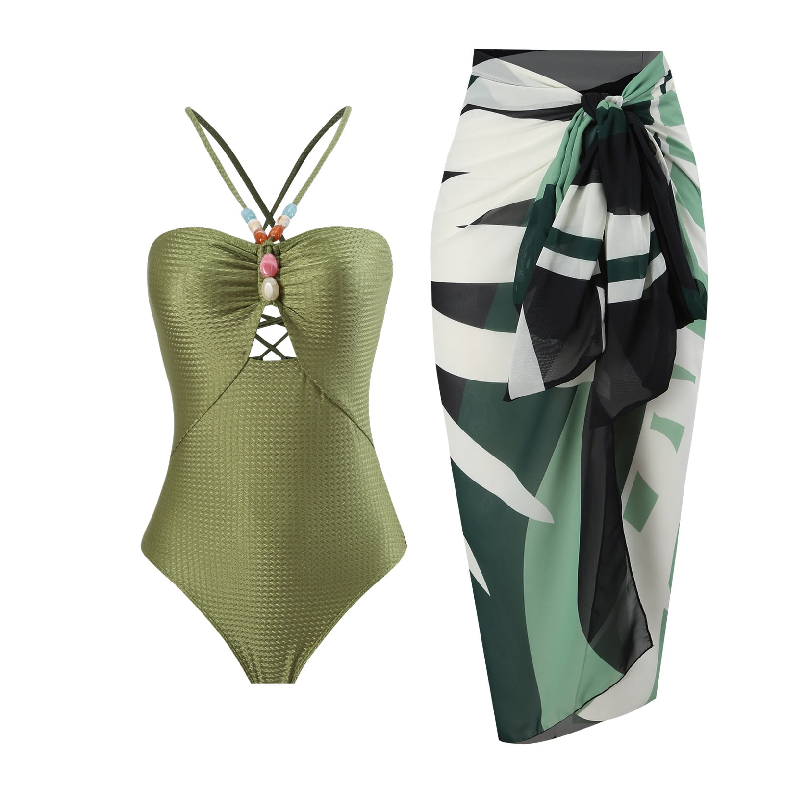 IBTOM CASTLE Women One Piece Swimsuit with Sarong Set Trendy Halter ...
