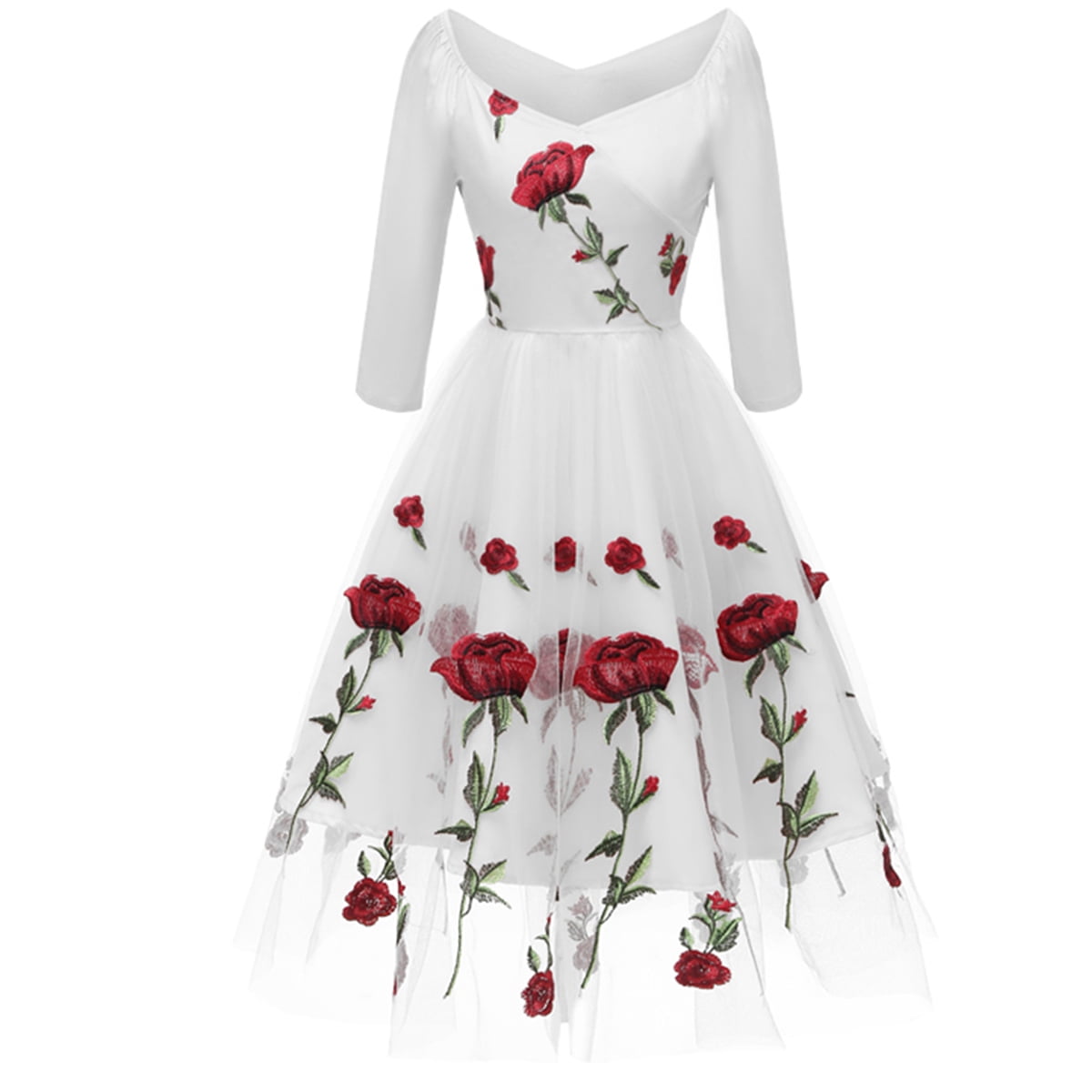 IBTOM CASTLE Women Vintage 1950s Embroidered Off Shoulder 3/4 Sleeves ...