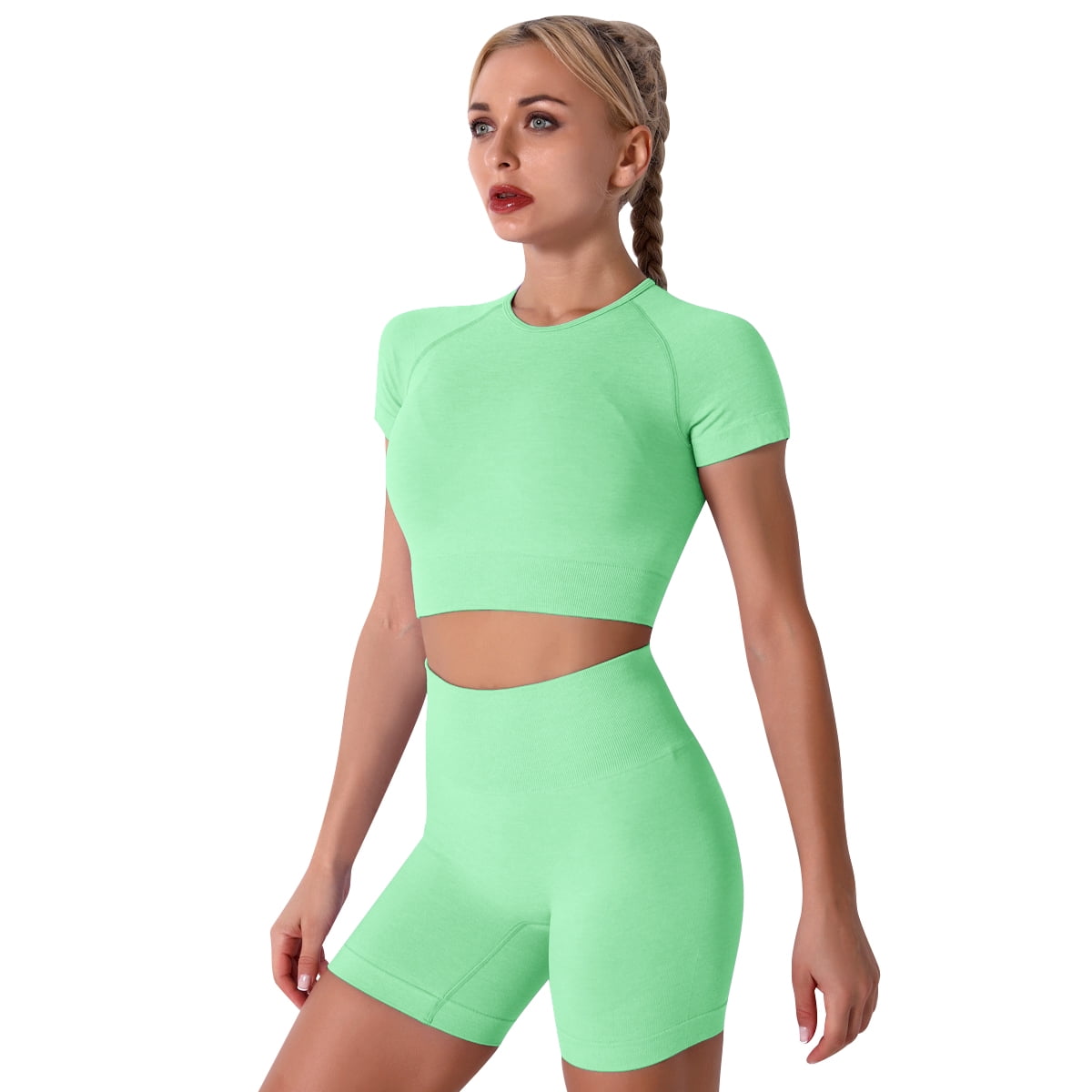 IBTOM CASTLE Women Workout Sets Yoga Outfits, Short Sleeve Crop Top + High Waisted Running Short ...