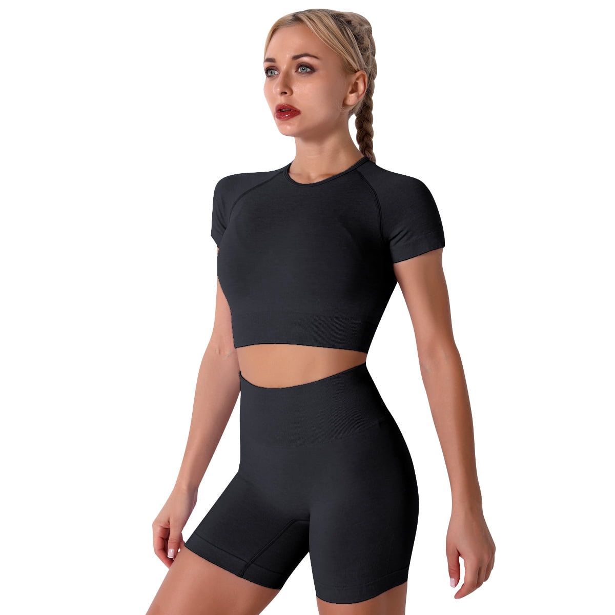 IBTOM CASTLE Women Workout Sets Yoga Outfits, Short Sleeve Crop Top ...