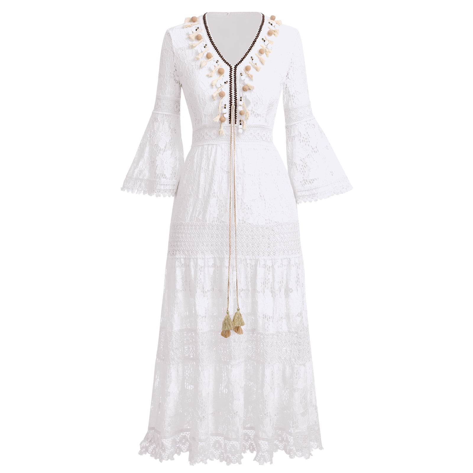 IBTOM CASTLE Women's Summer Slip Boho Maxi Dress Lace Up Tassel V Neck ...