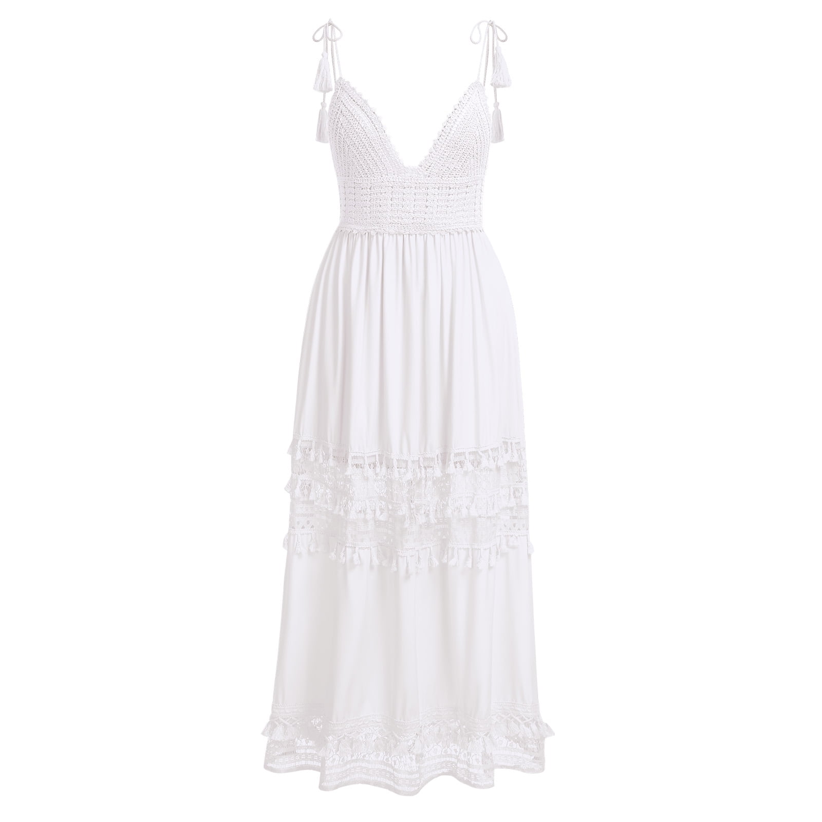 IBTOM CASTLE Women's Summer Slip Boho Maxi Dress Lace Up Tassel V Neck ...