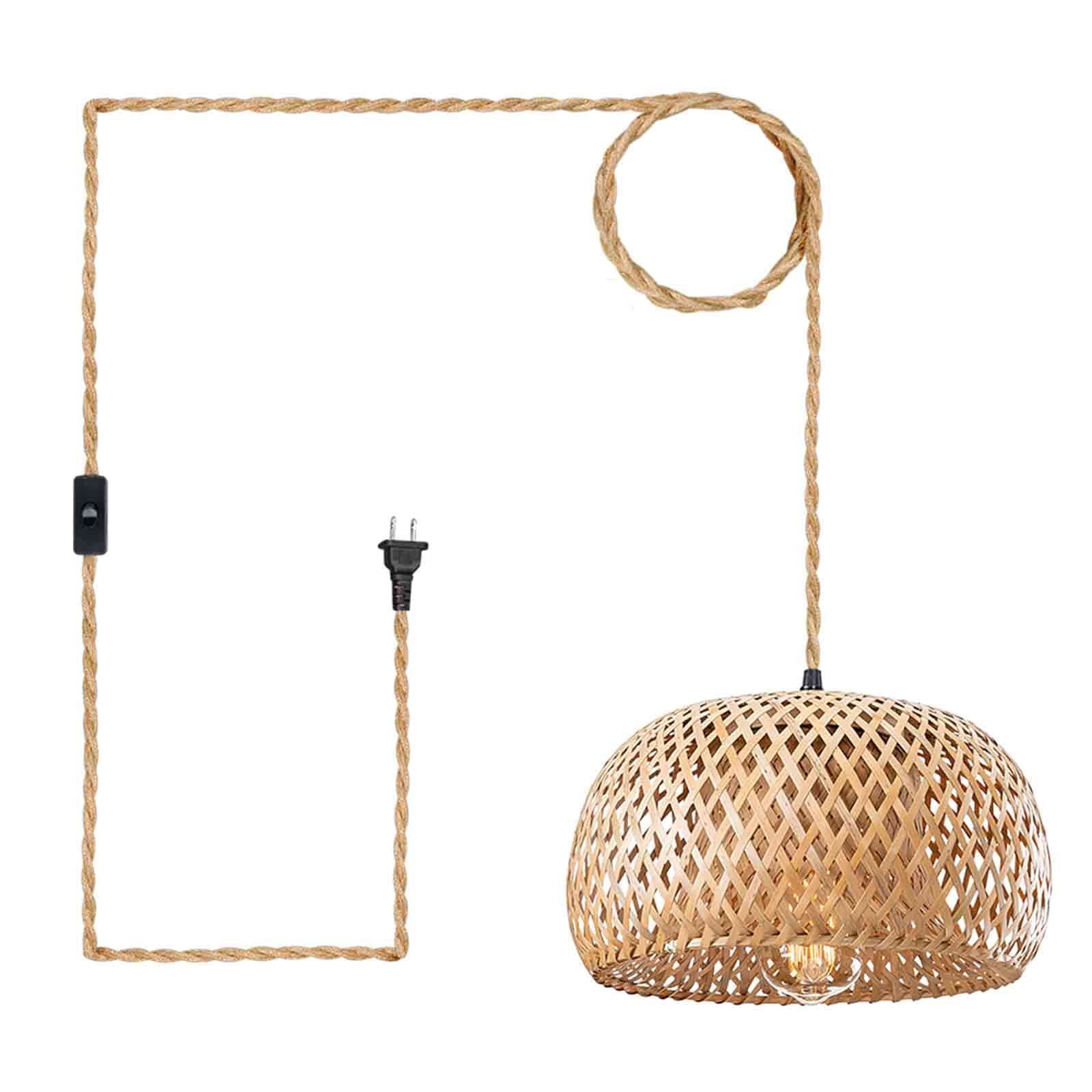 IC Farmhouse Indoor Plug-In Pendant Lamp, E26 Bamboo Rattan Round Cage ...