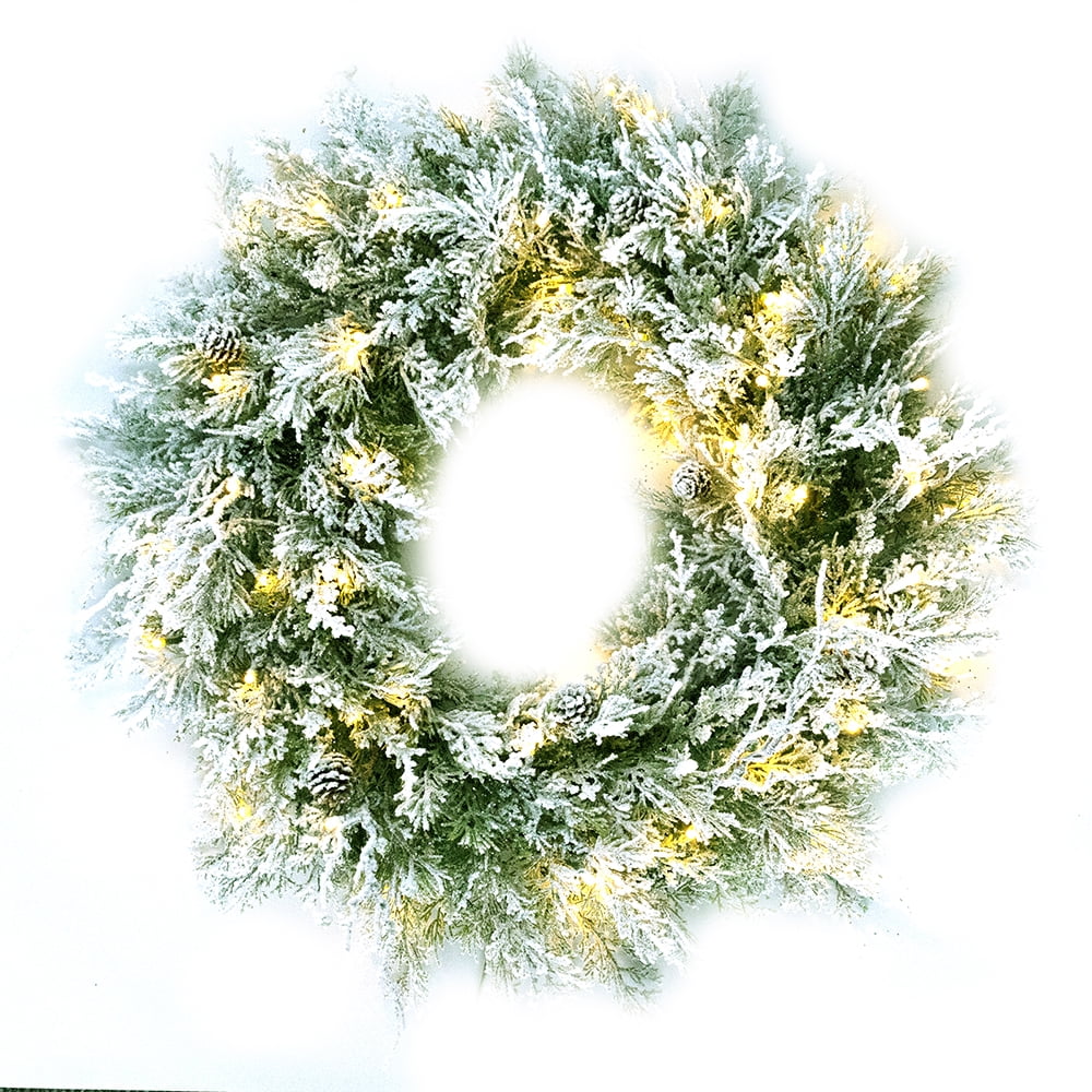 IC ICLOVER 24" Pre-Lit Snow Flocked Christmas Wreath with Warm White ...