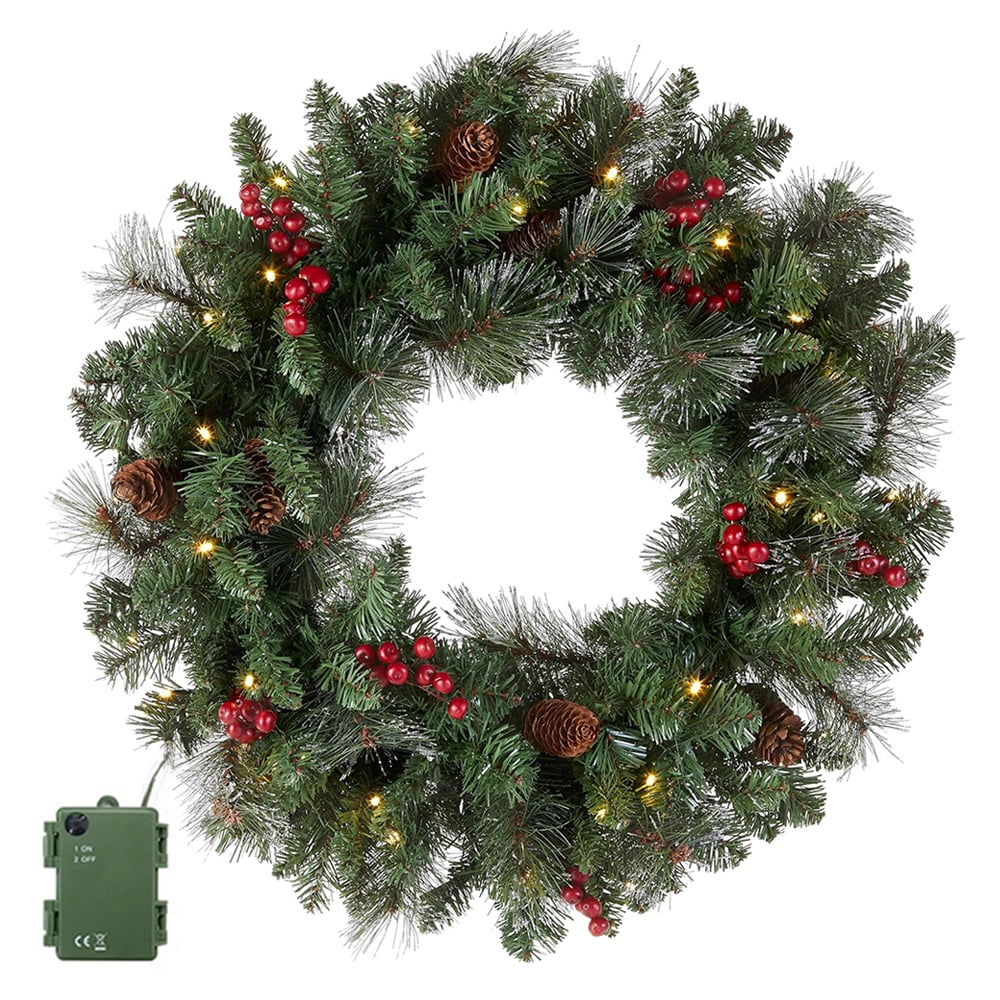 IC ICLOVER 24 Inch Pre-Lit Christmas Wreath, Pine Cones, Berry Clusters ...