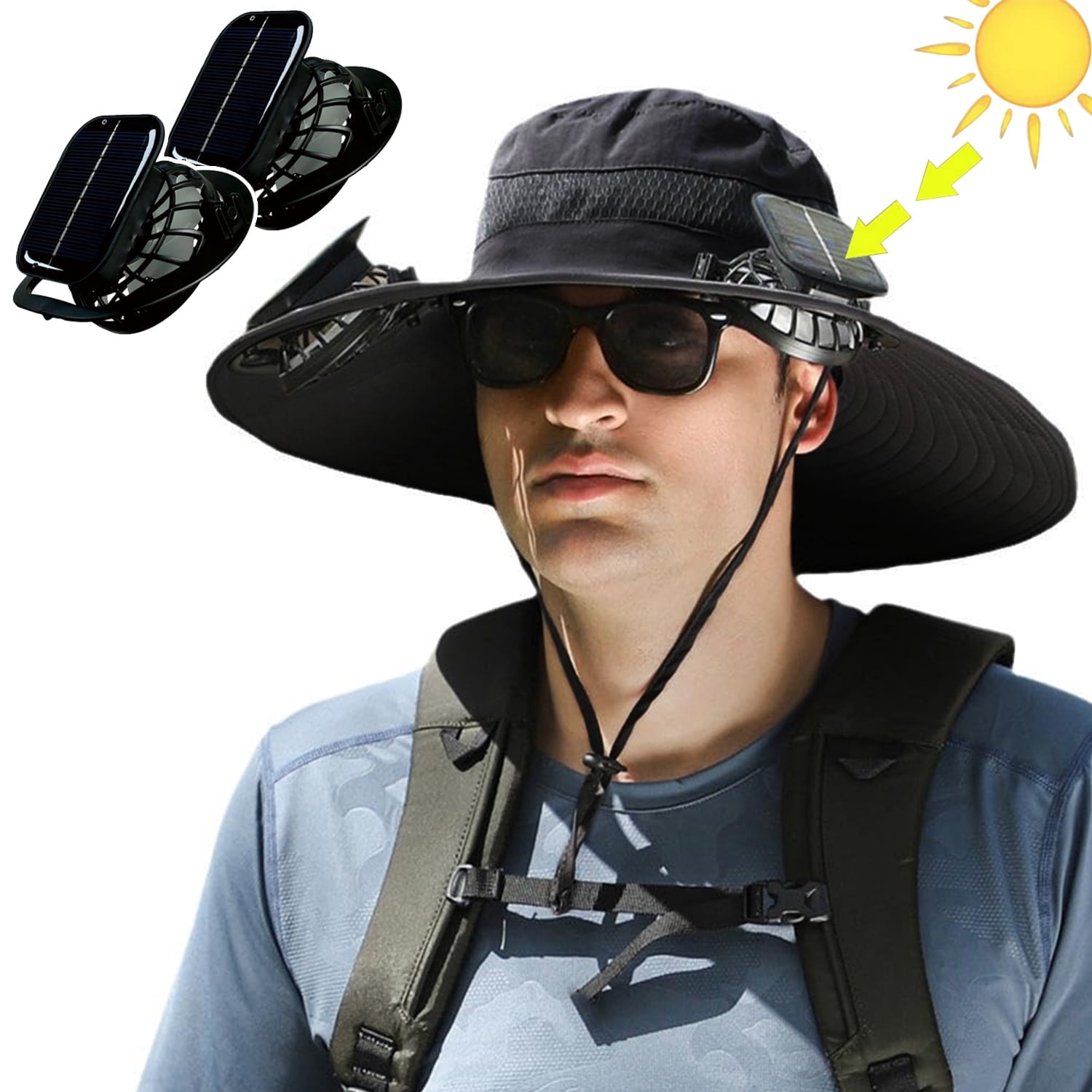 IC ICLOVER Solar Powered Fan Hat Wide Brim for Outdoor Fishing, Boonie ...