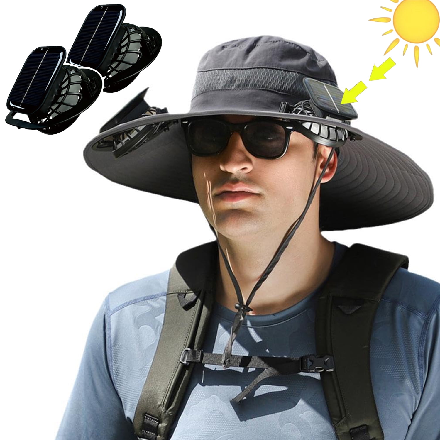 IC ICLOVER Solar Powered Fan Hat Wide Brim for Outdoor Fishing, Boonie ...