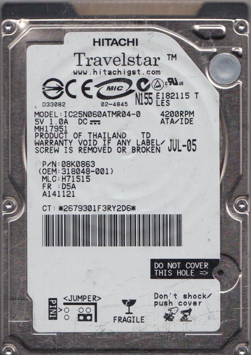 IC25N060ATMR04-0, PN 08K0863, MLC H71515, Hitachi 60GB IDE 2.5 Hard ...