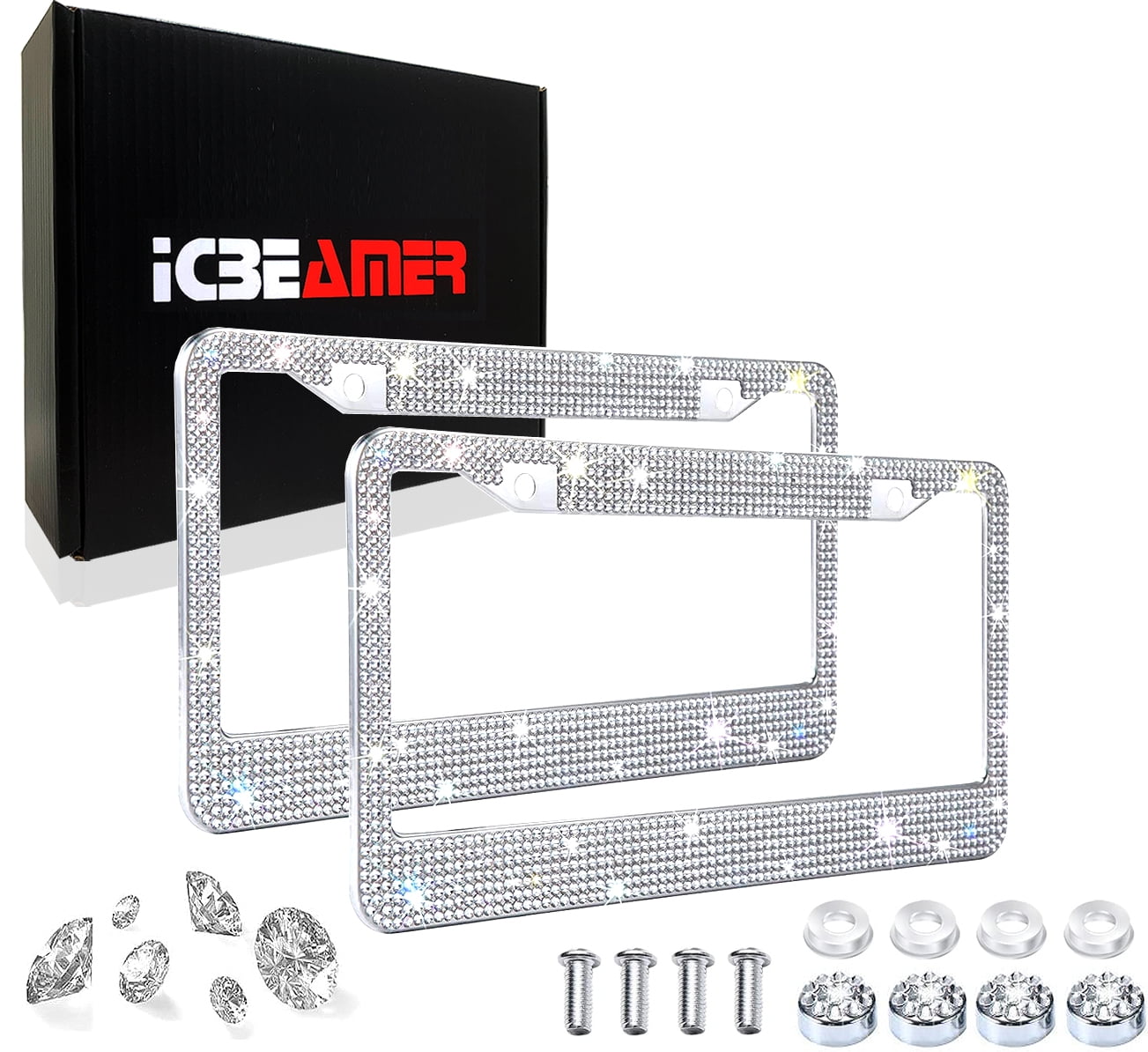 ICBEAMER Handcrafted Rhinestone License Plate Frame, Stainless Steel Car Cover with Screws, Pack ...
