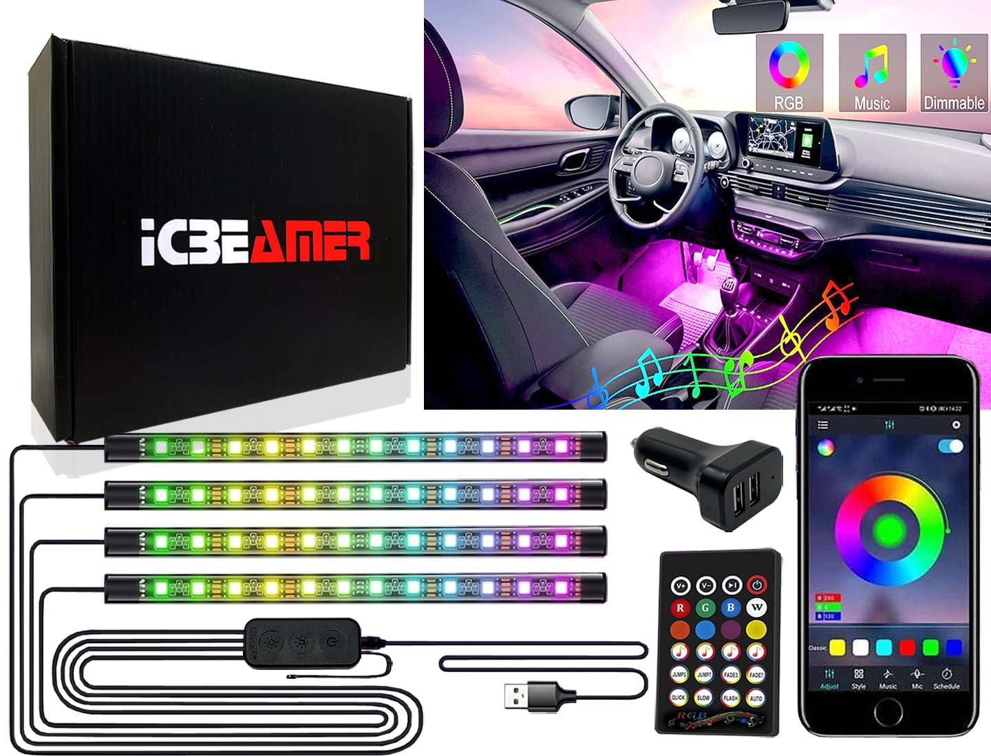 ICBEAMER Interior Lights for Car, Apps or Remote Control LED Multi ...