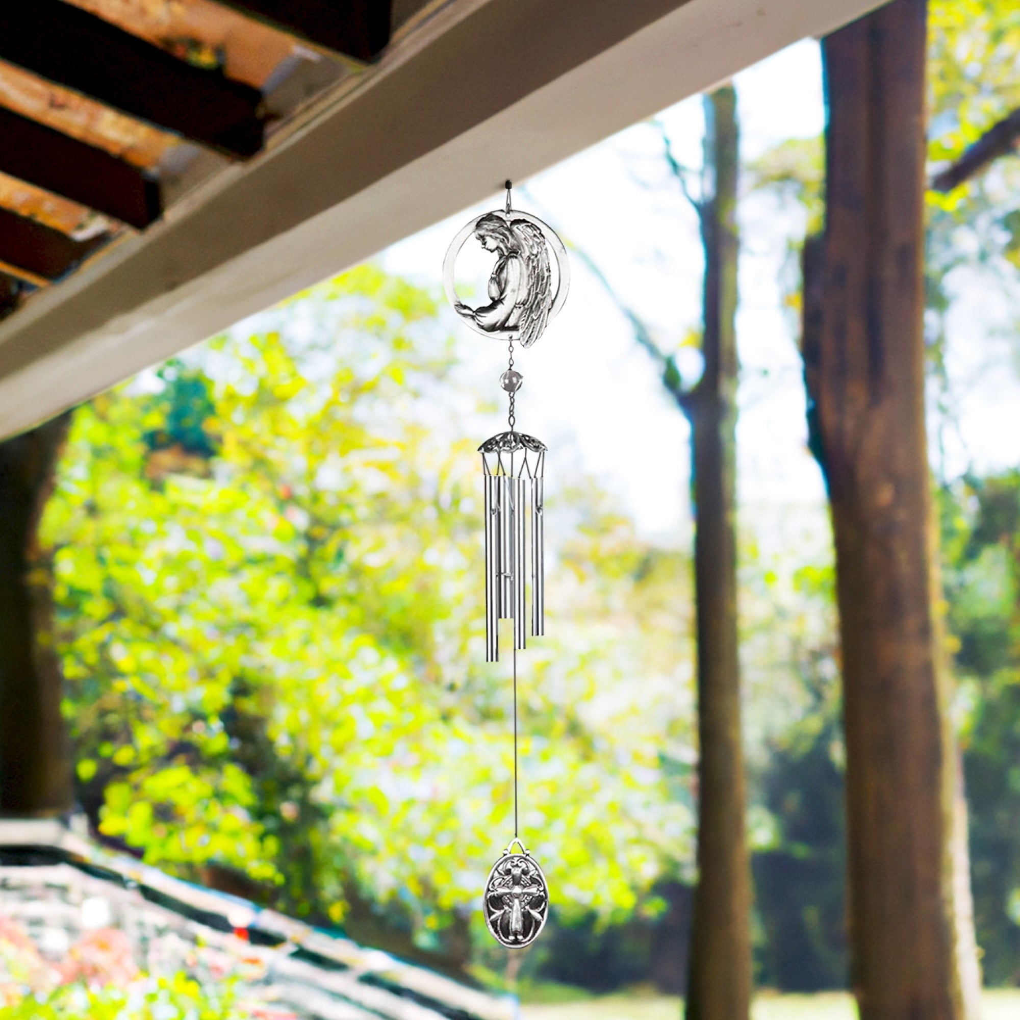 ICE ARMOR 23" Long Silver Angel Copper and Gem Wind Chime Garden Patio ...