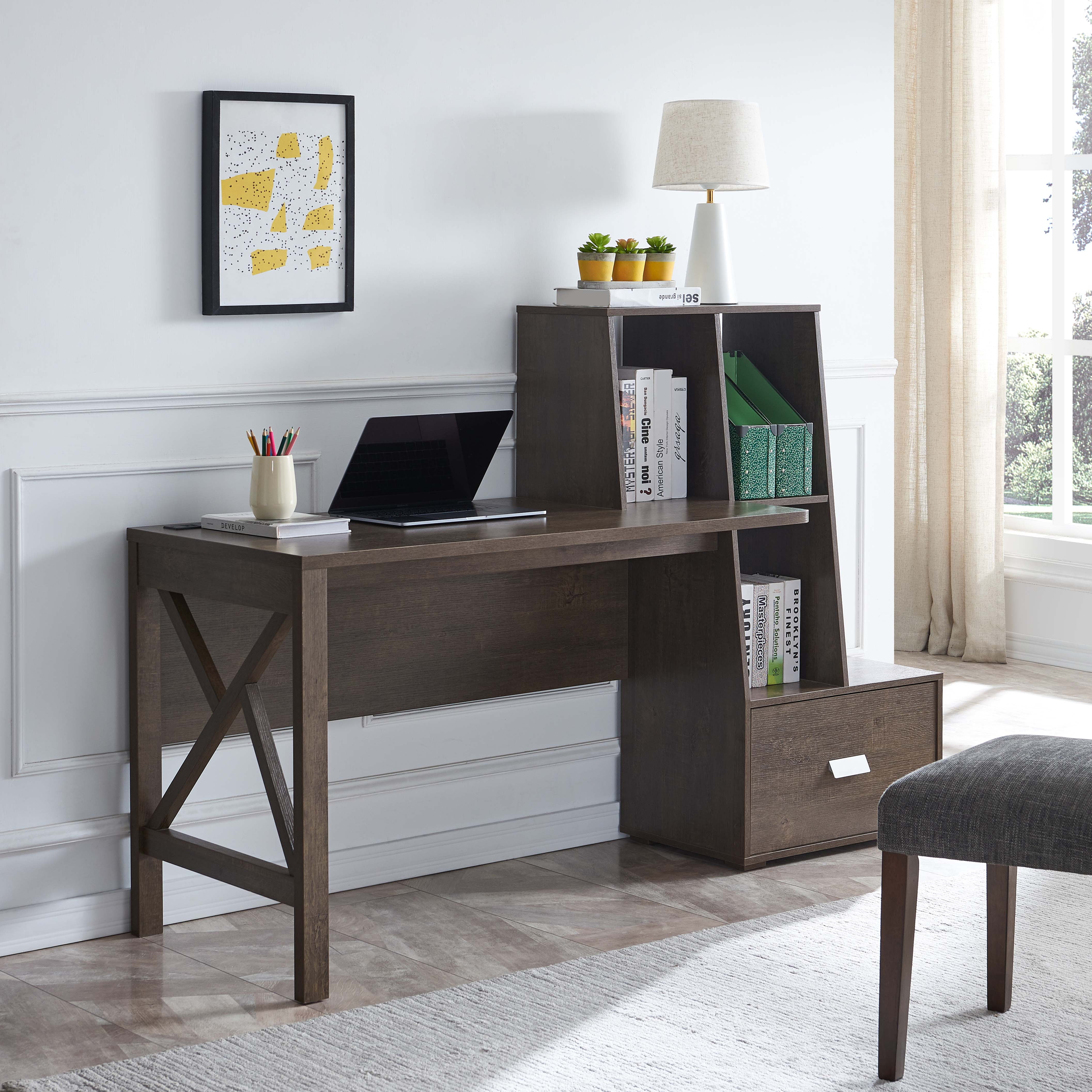 ICE ARMOR Walnut Oak Home Office Desk with 2 Shelves & File Cabunet ...