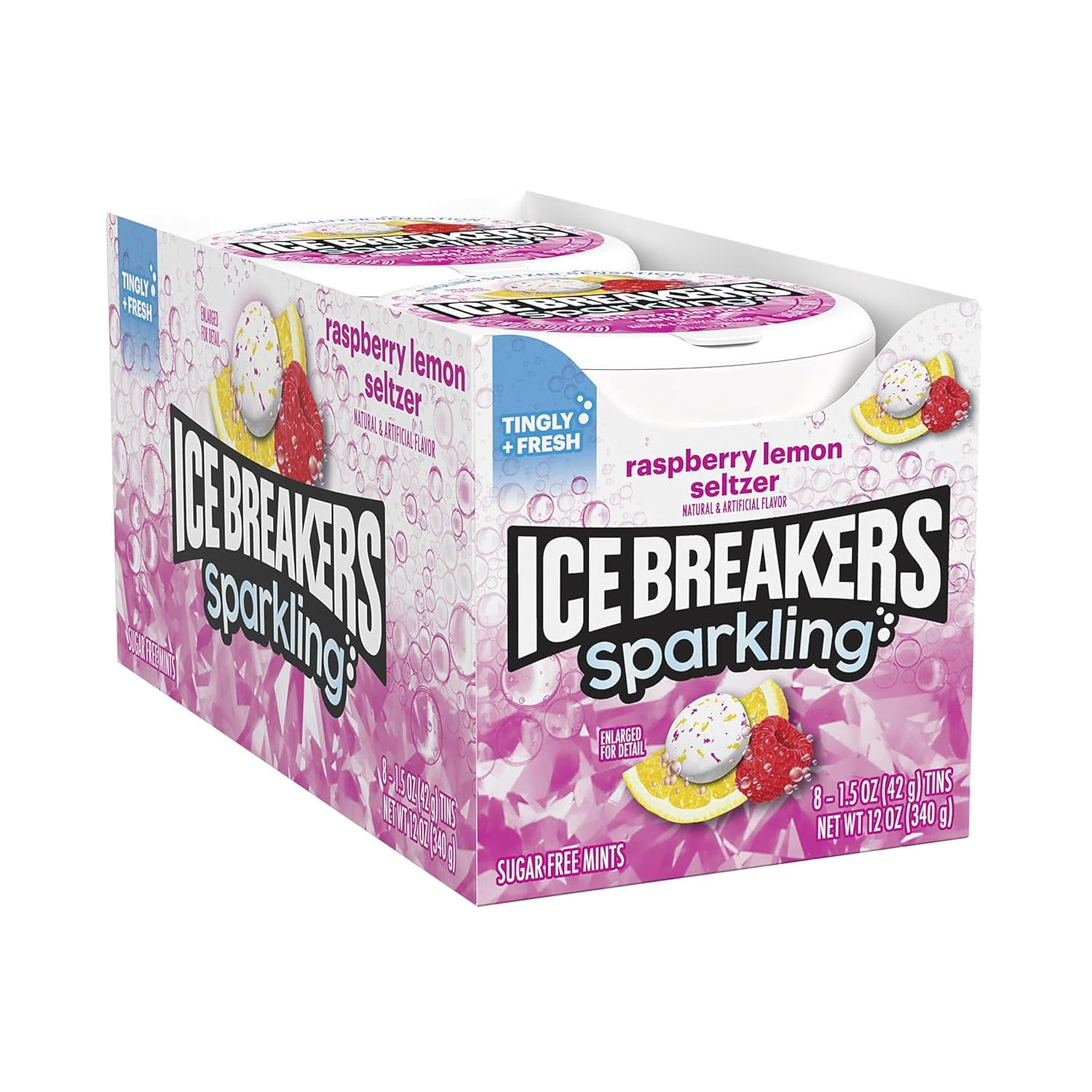 ICE BREAKERS SPARKLING RASPBERRY LEMON SELTZER FLAVORED MINTS PUCK BOX ...