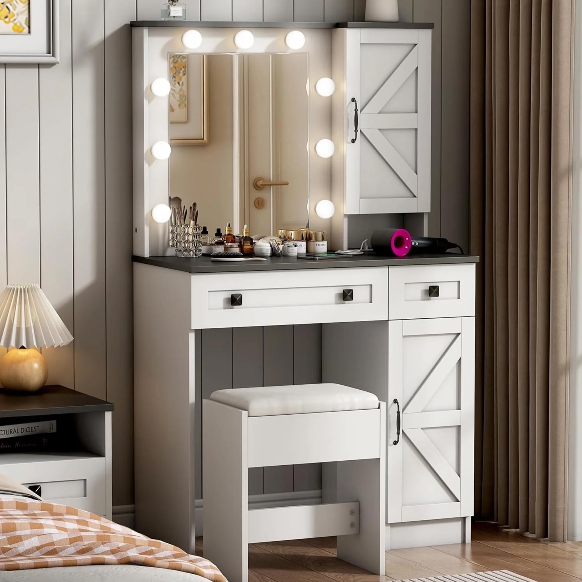 Pipleo 31.5" Farmhouse White Vanity Desk with LED Lights, 1 Piece ...