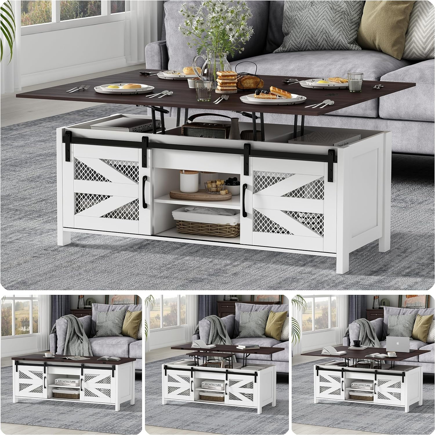 ICEELF 47.2" Lift Top Coffee Table, 4 in 1 Farmhouse Coffee Table with ...