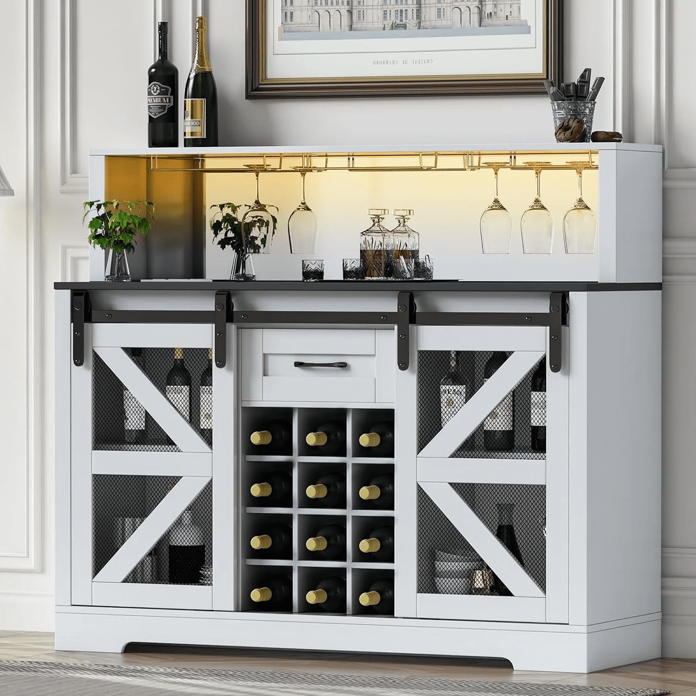 White Bar Cabinet With LED Lights And Charging White Wine Bar Cabinet ...