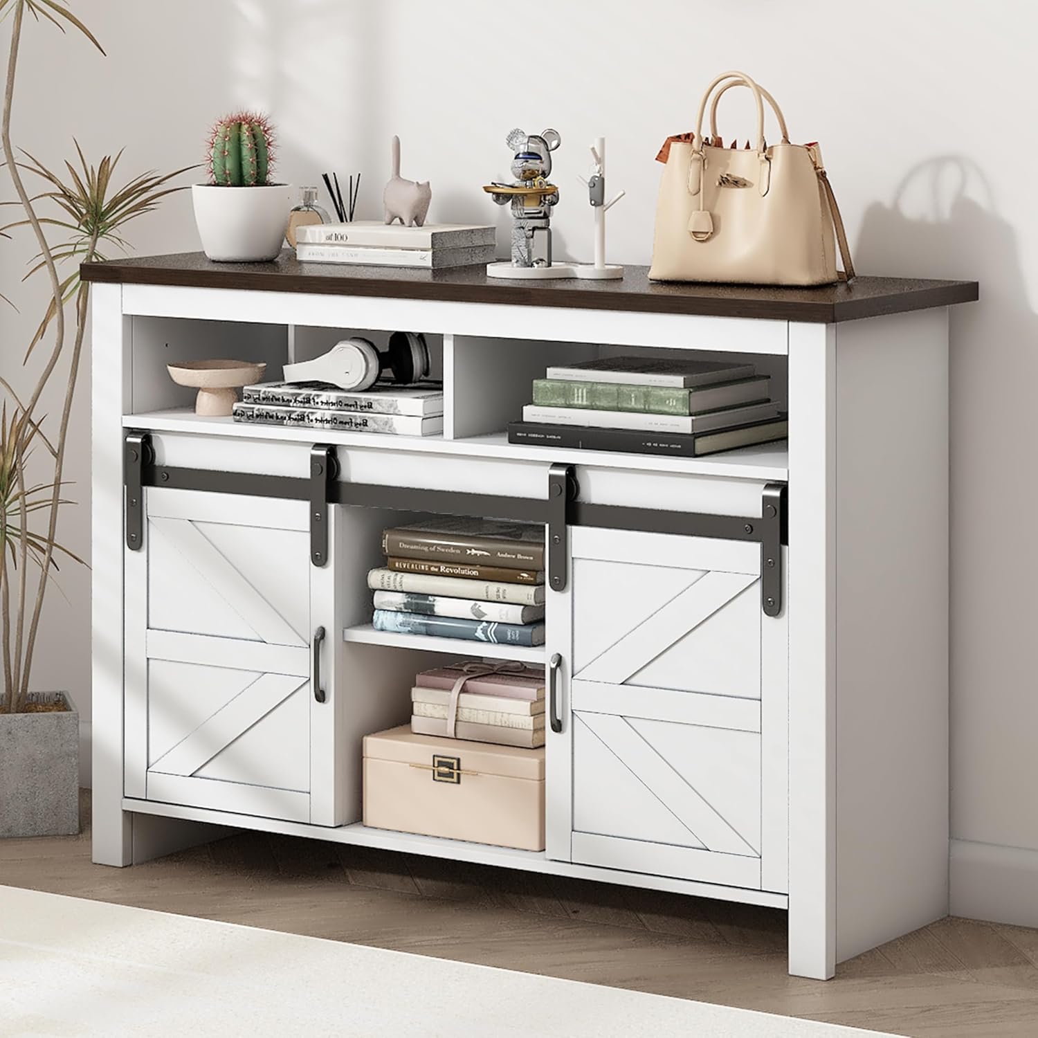 Homfa Farmhouse Rustic Sideboard 4-Door Gray Buffet Table for Dining ...