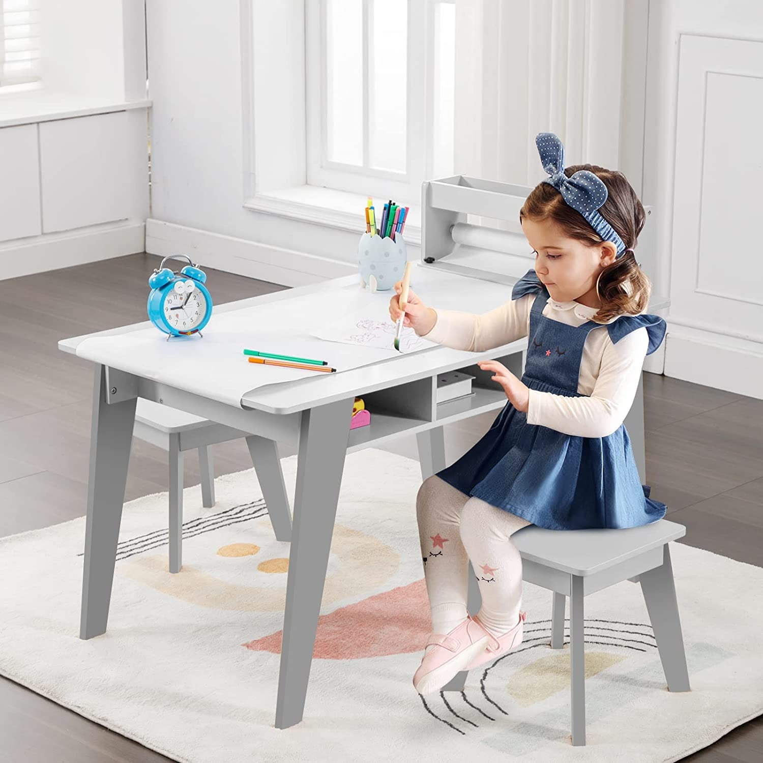 ICEELF Kids Art Table, Kids Craft Table and Chair Set with 2 Stools and ...