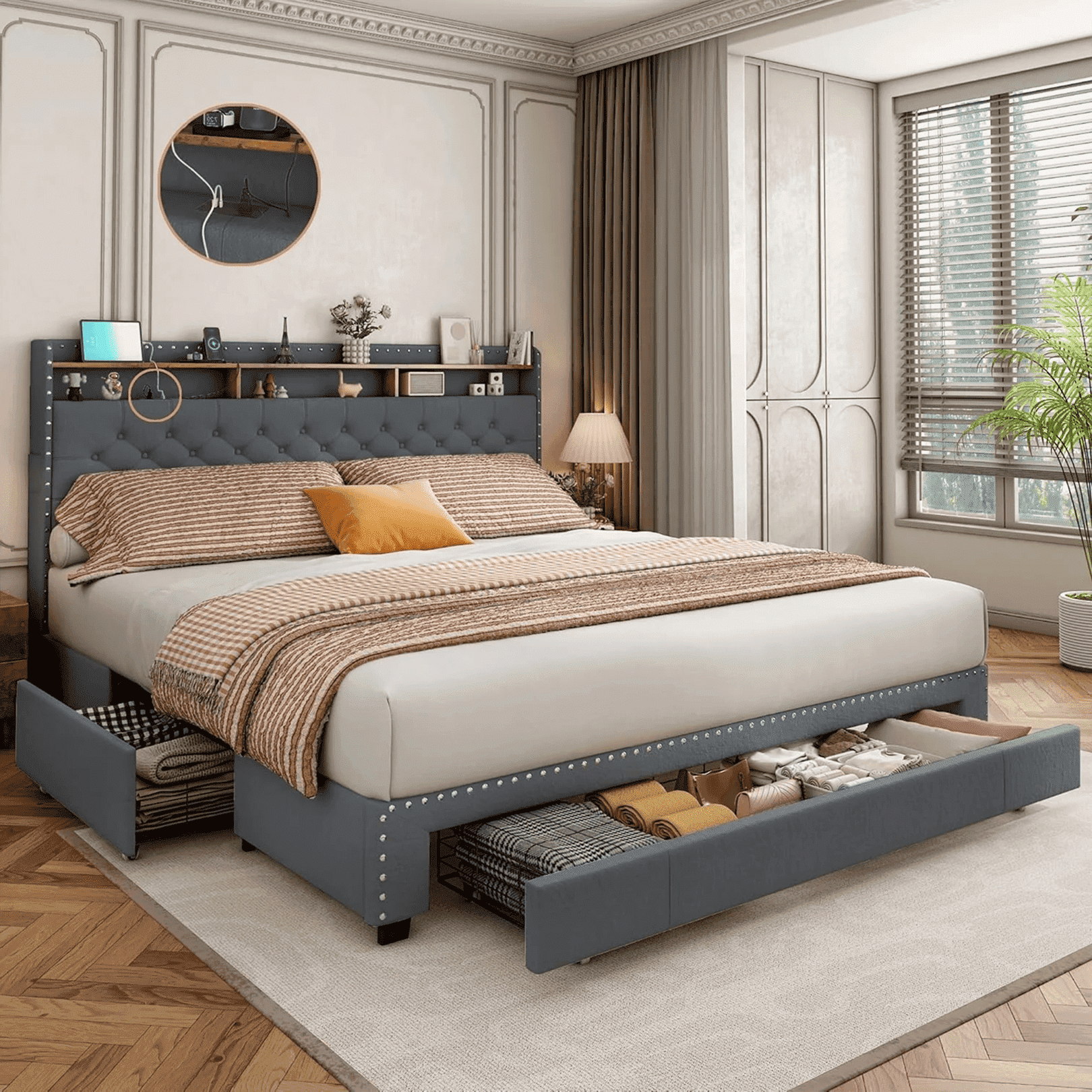 ICEELF King Size Bed Frame with 3 Drawers, 2-Tier Storage Headbord, Bed ...