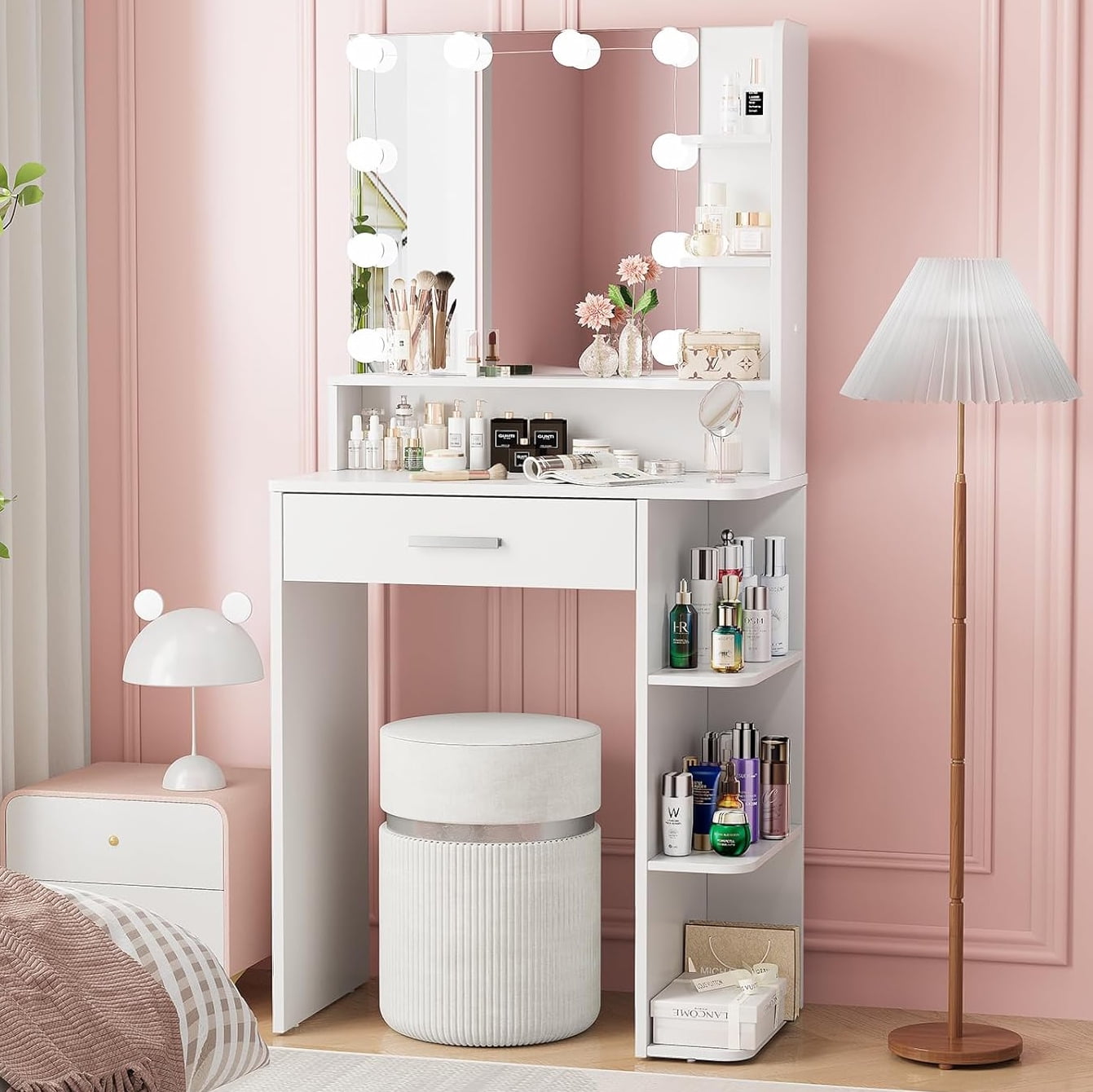 ICEELF Makeup Vanity Desk with Mirror and Lights, 26.4" White Vanity Mirror with Lights with ...