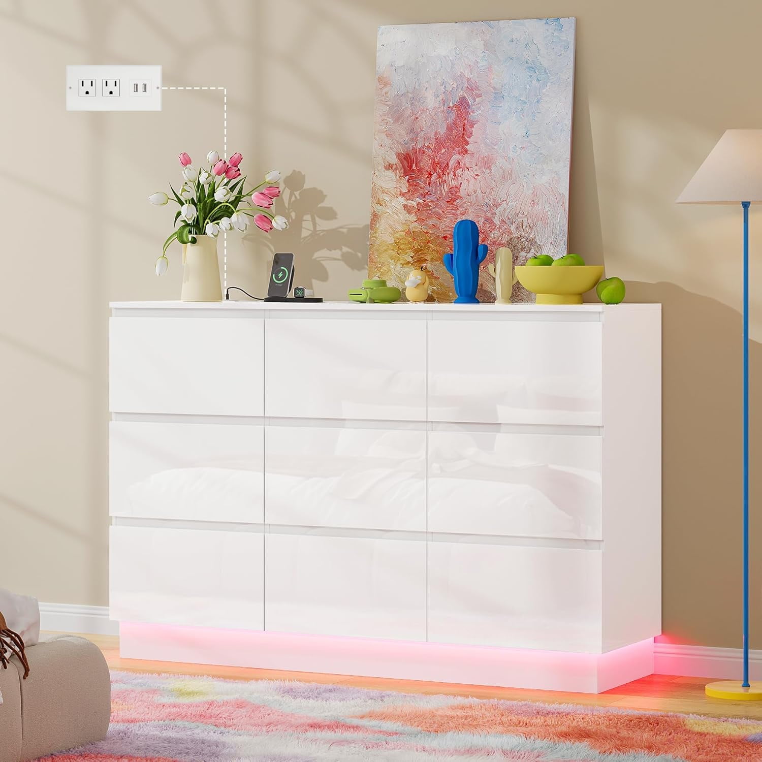 ICEELF White Dresser with LED Light, 9 Drawer Dresser for Bedroom, 55 ...