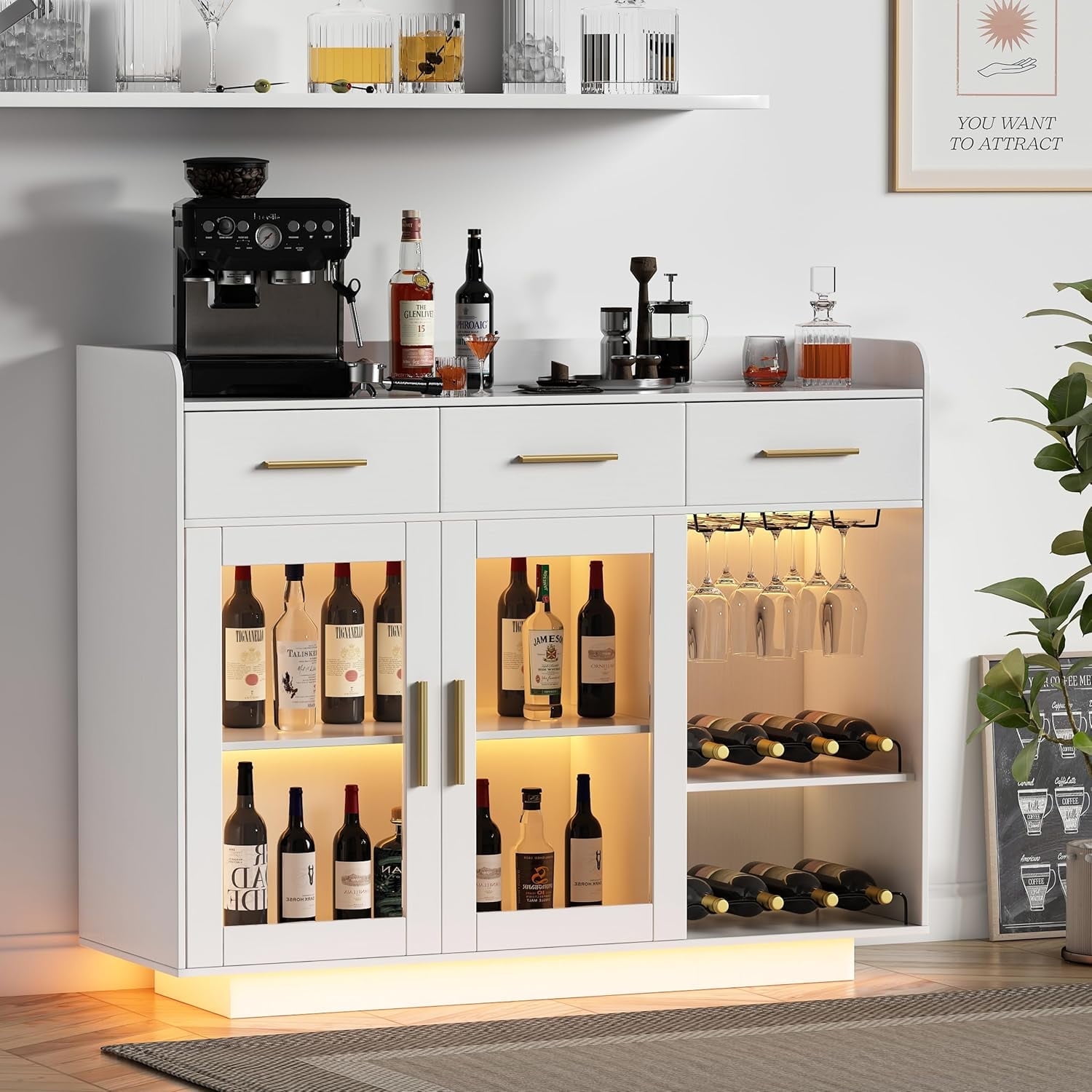 ICEELF Wine Bar Cabinet with LED Strip, 46.1" Wine Cabinet with 3 ...
