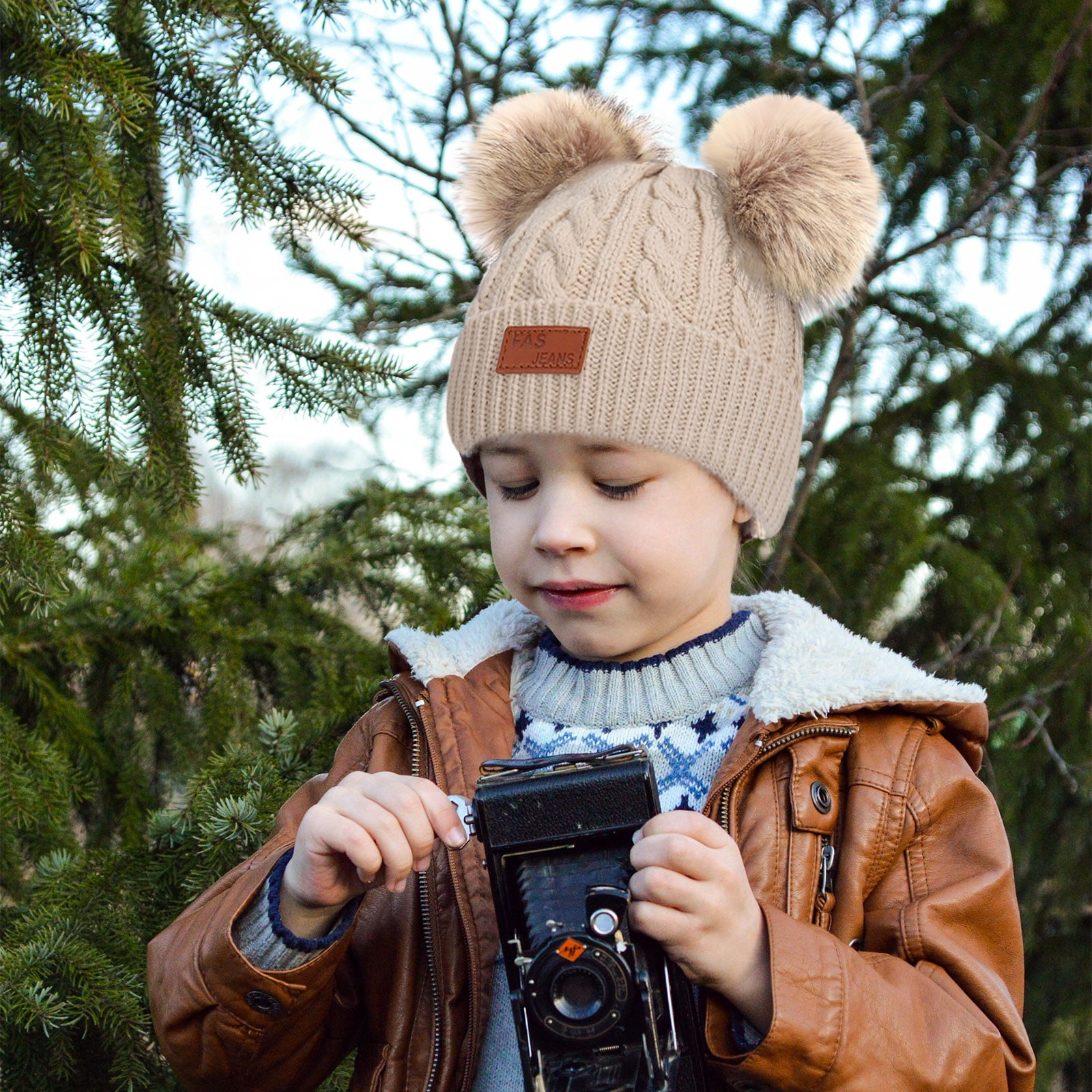 ICHUANYI Kids Hats with Double Pom Pom Winter Hat for Girl and Boy Cold ...