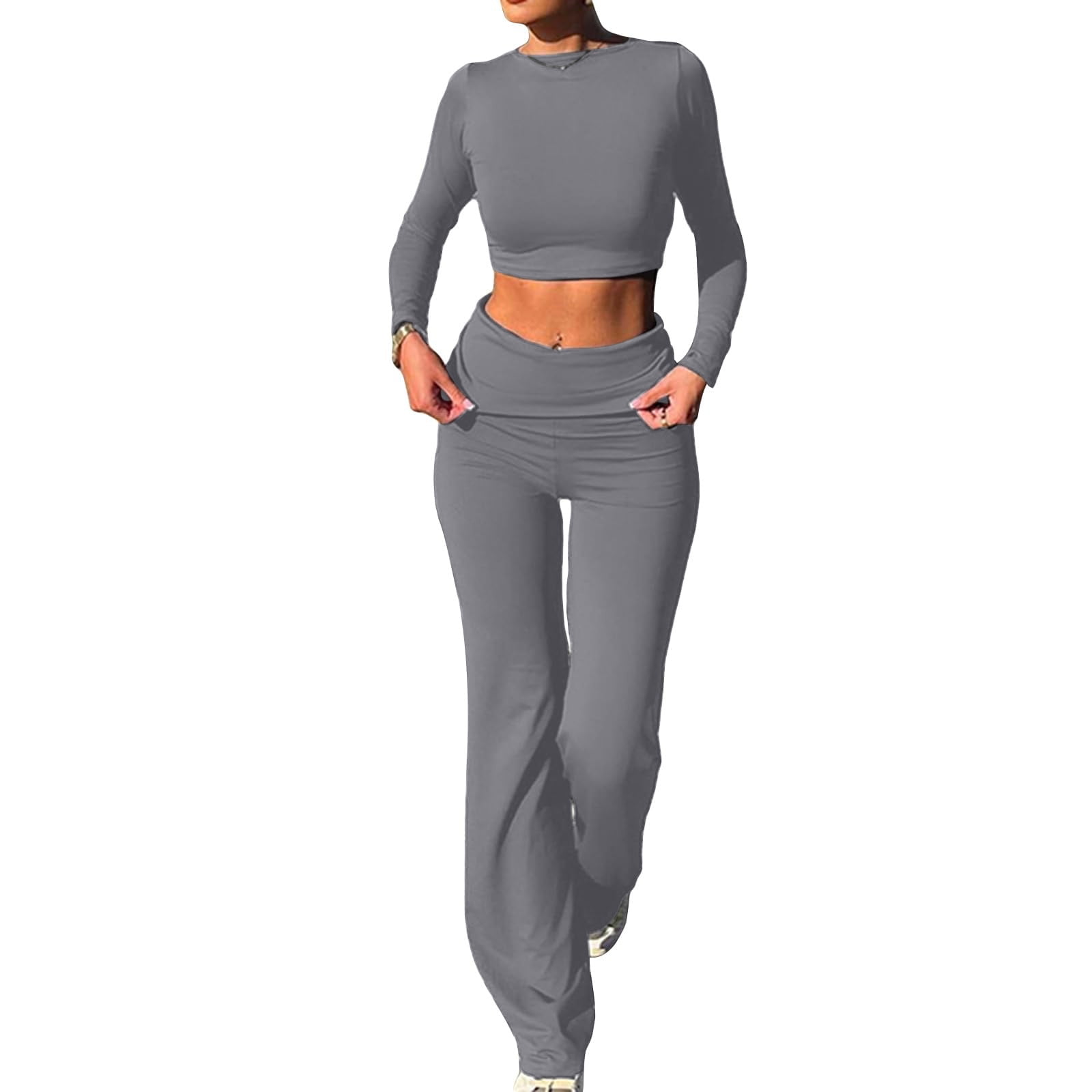 ICHUANYI Women's 2 Piece Sets Low Waist Fold-over Flare Pants Set Short ...