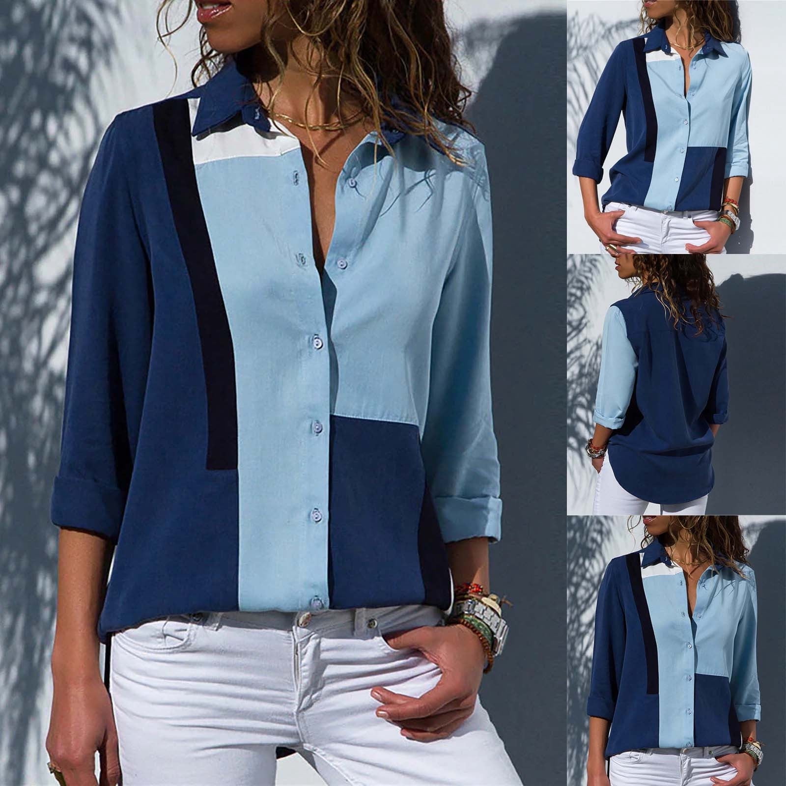 ICHUANYI Women's Casual Color Block Shirts Lapel Long Sleeve Button ...