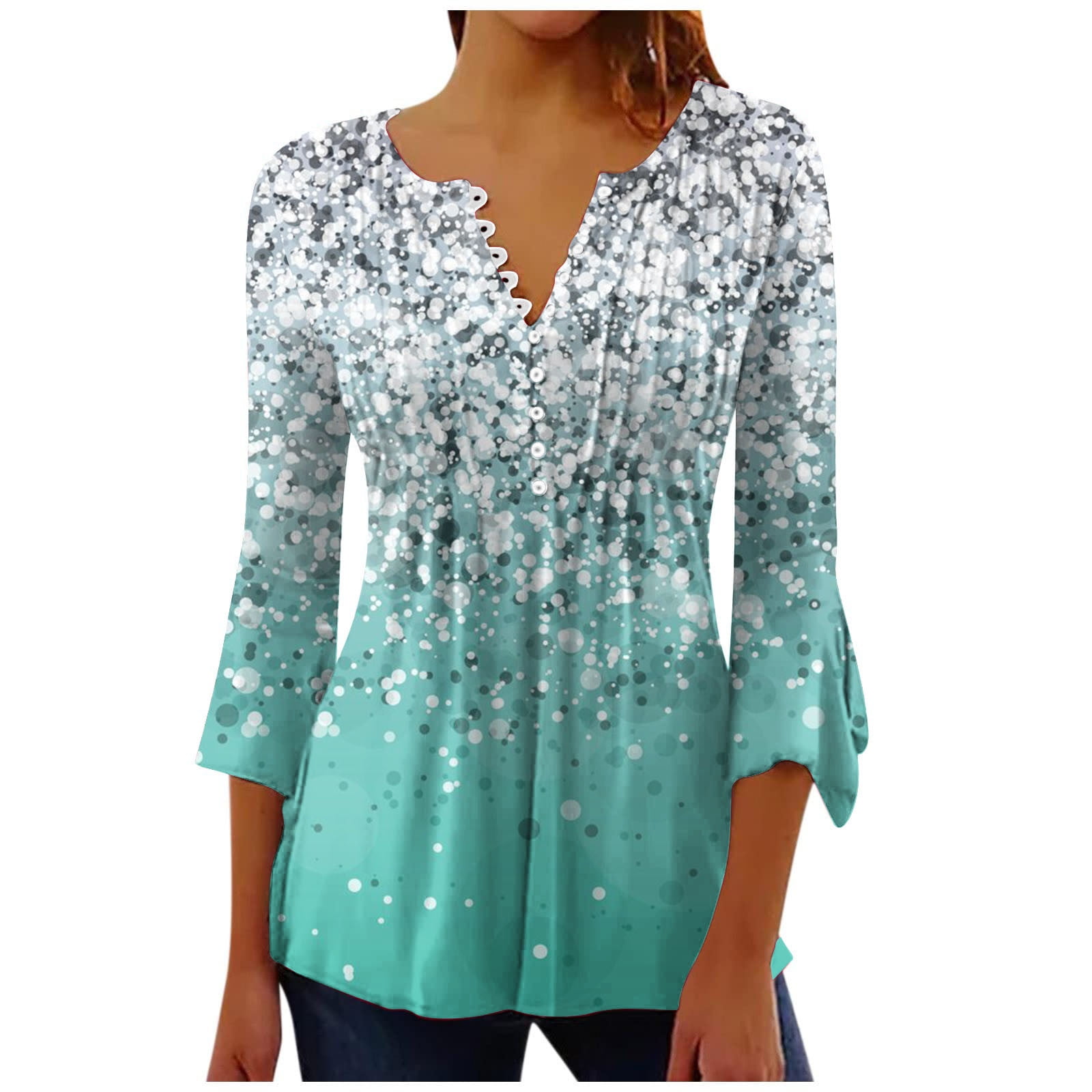 ICHUANYI Women's Casual Trumpet 3/4 Sleeve Print Buttoned Basic Ruched ...