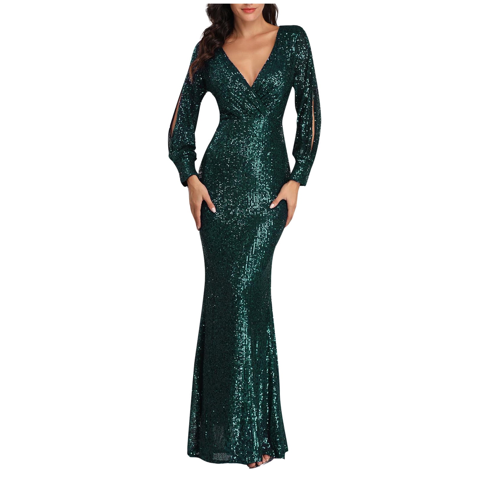 ICHUANYI Women's Elegant Dress Formal Gowns Evening Dresses V Neck Long ...
