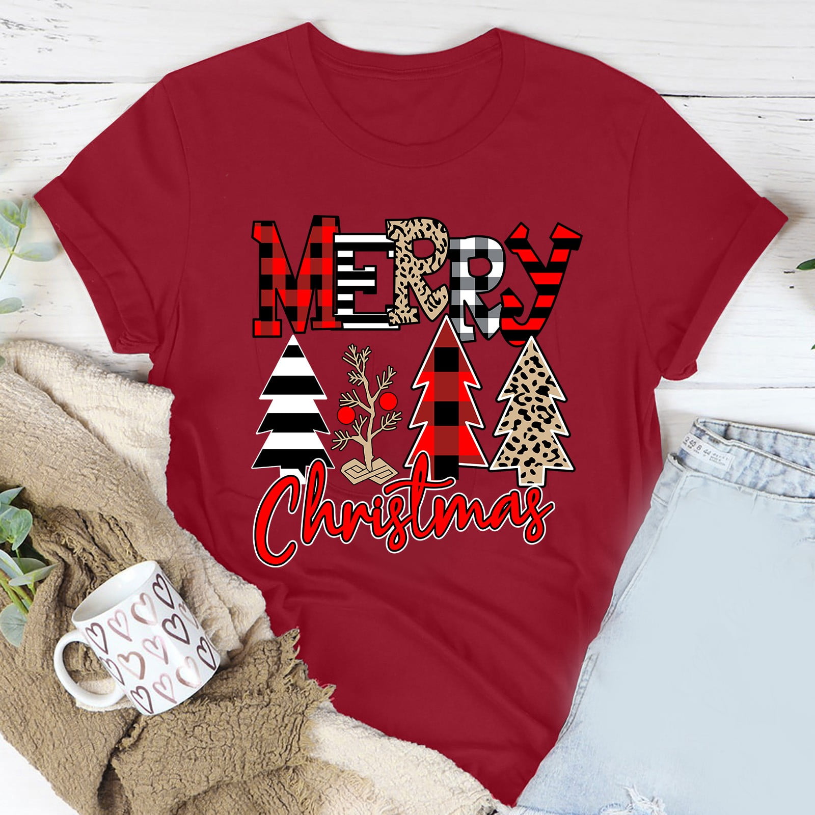 ICHUANYI Women's Fashion Casual Crew Neck Shirts Short Sleeve Christmas ...