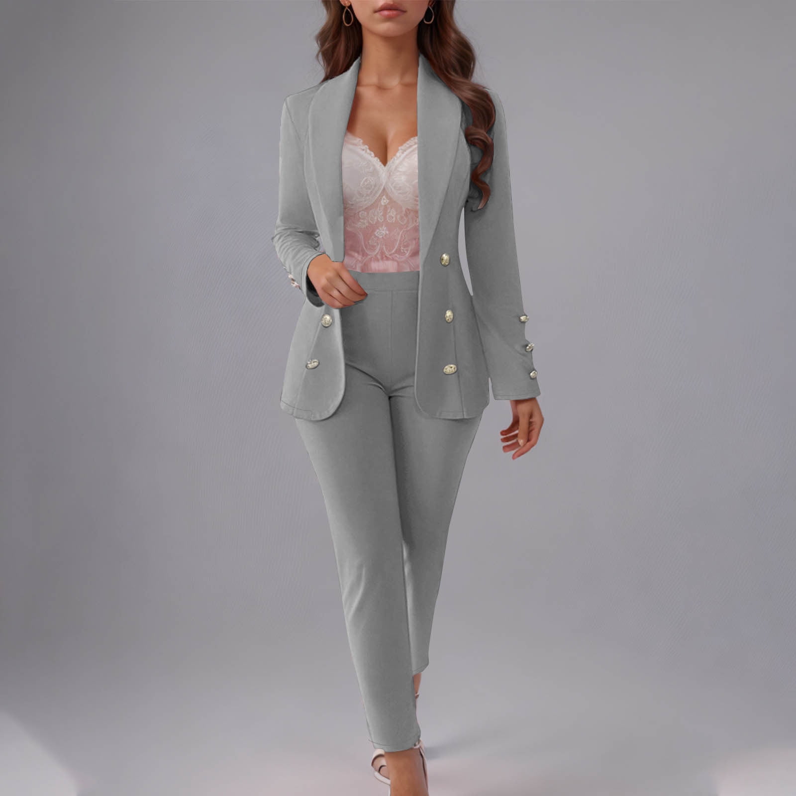 ICHUANYI Women's Long Sleeve Solid Color 2 Pieces Blazers Set Casual Elegant Business Suit Sets ...
