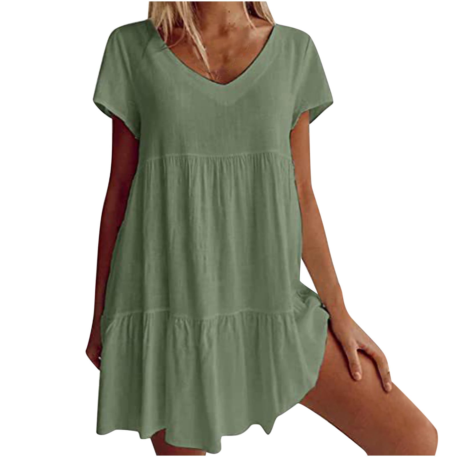 ICHUANYI Women's Plus Casual V-Neck Short Sleeve Folding Solid Dresses ...