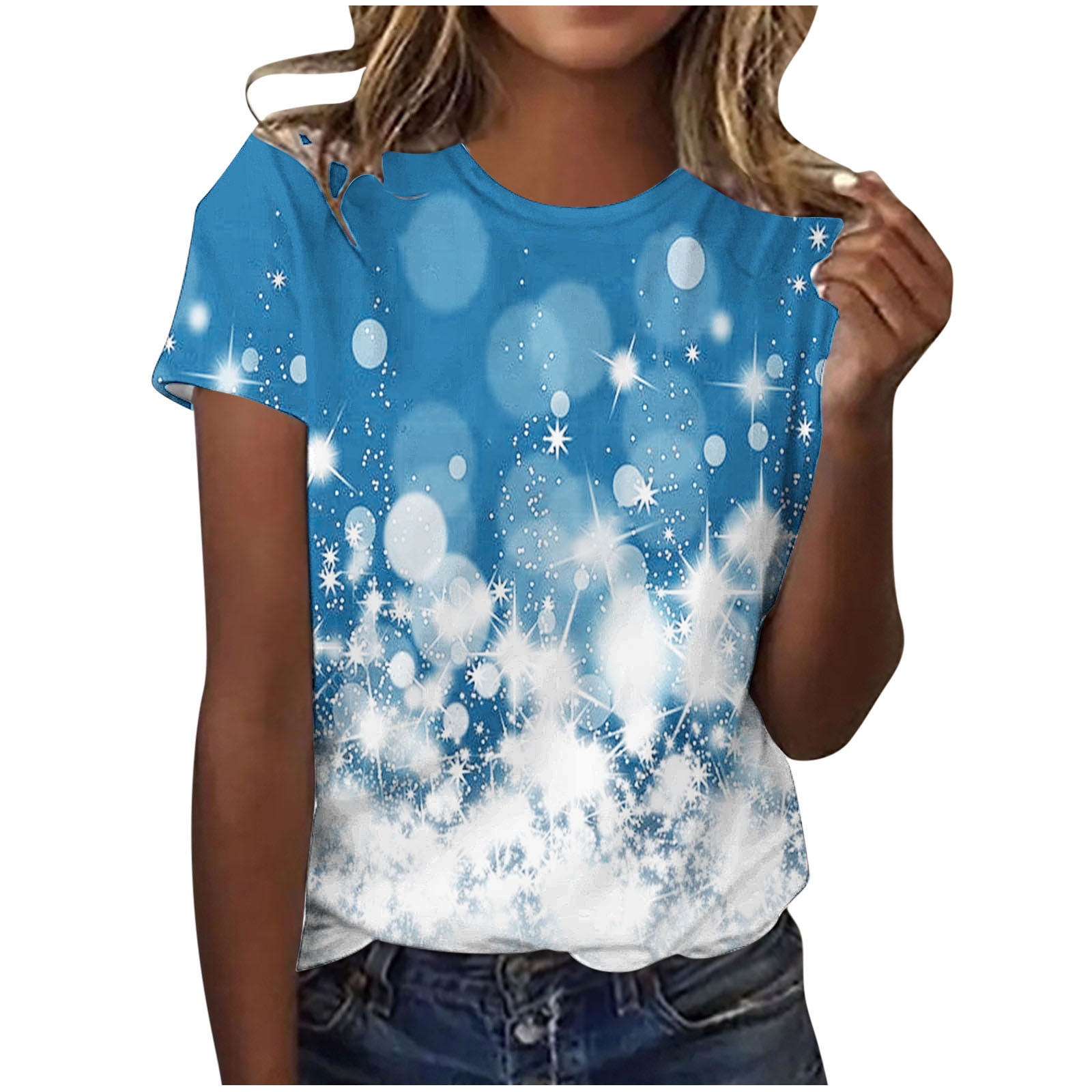 ICHUANYI Womens Casual Sparkling Crystal Print Crew Neck Short Sleeve ...