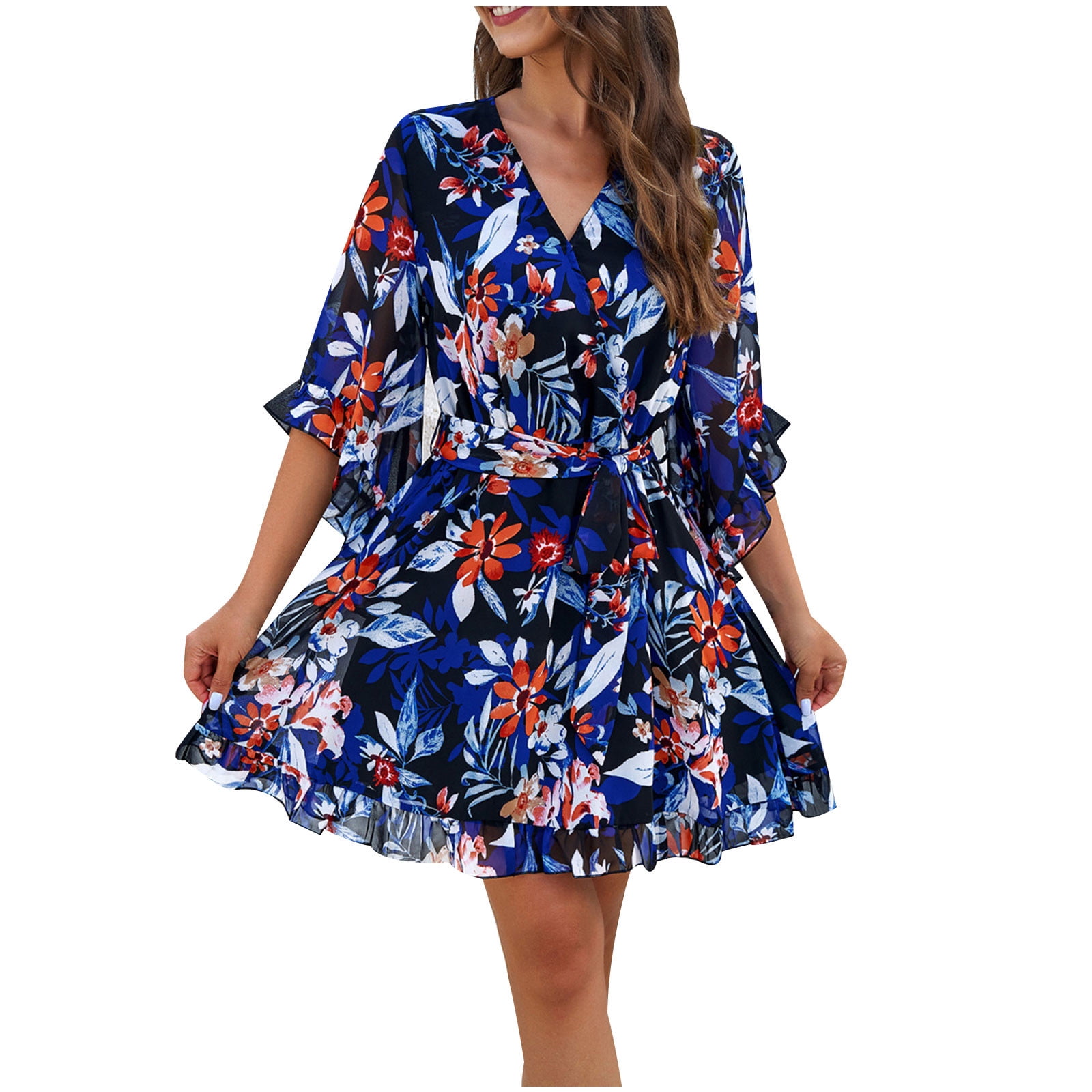 ICHUANYI Womens Dress Floral 2024 Summer Spring V Neck Ruffle Chiffon ...